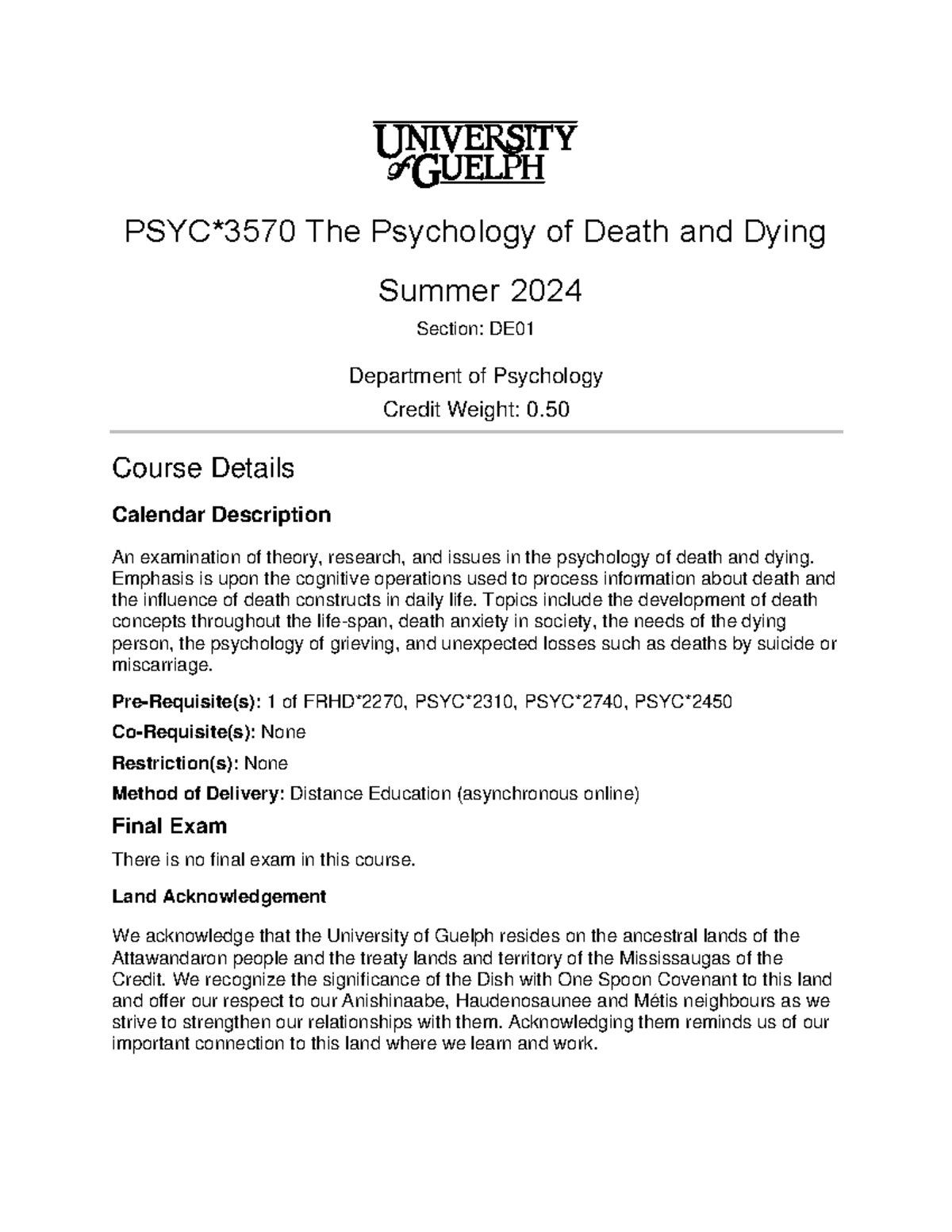 Outline for PSYC3570 DE01: The Psychology of Death and Dying (Summer ...