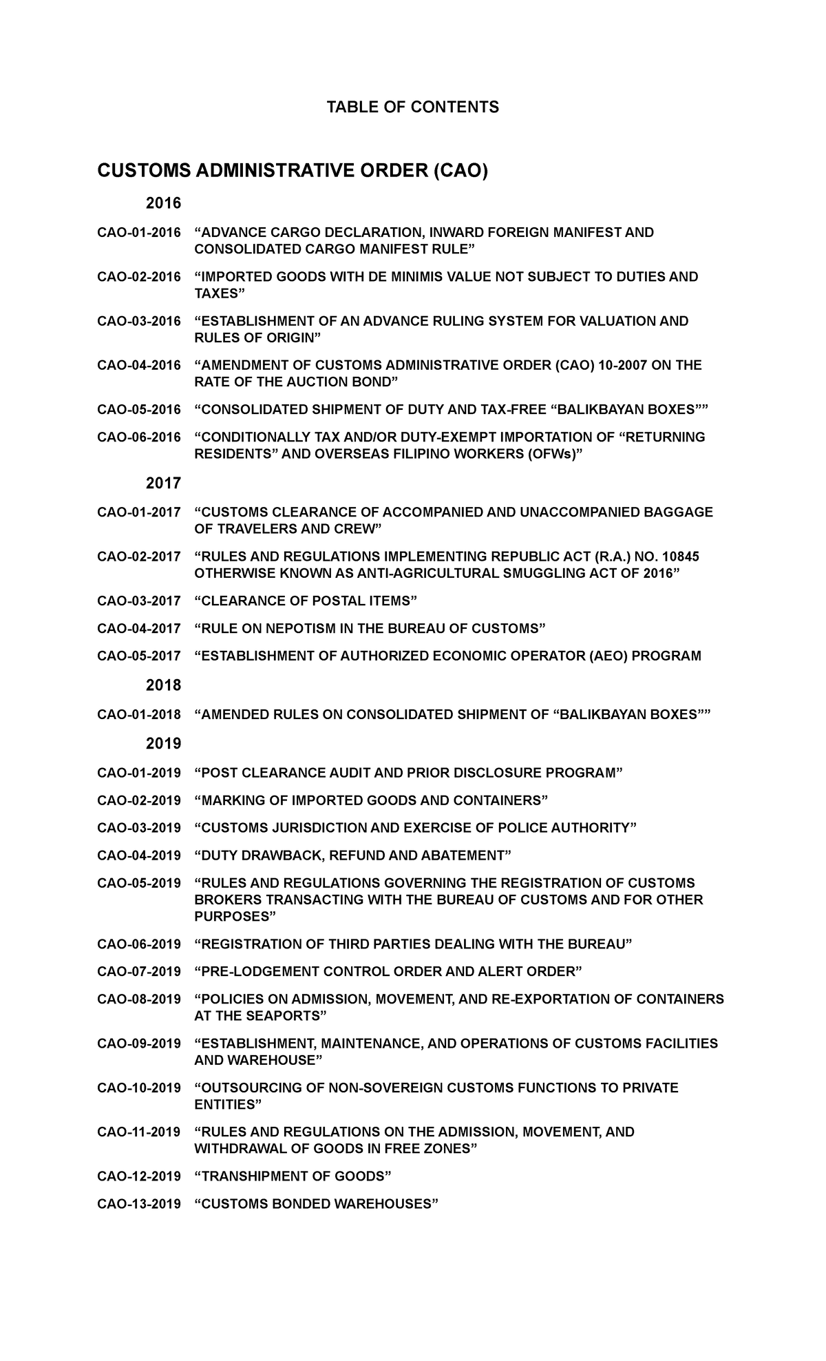 Table of Contents for CAO & CMO Documents - Studocu