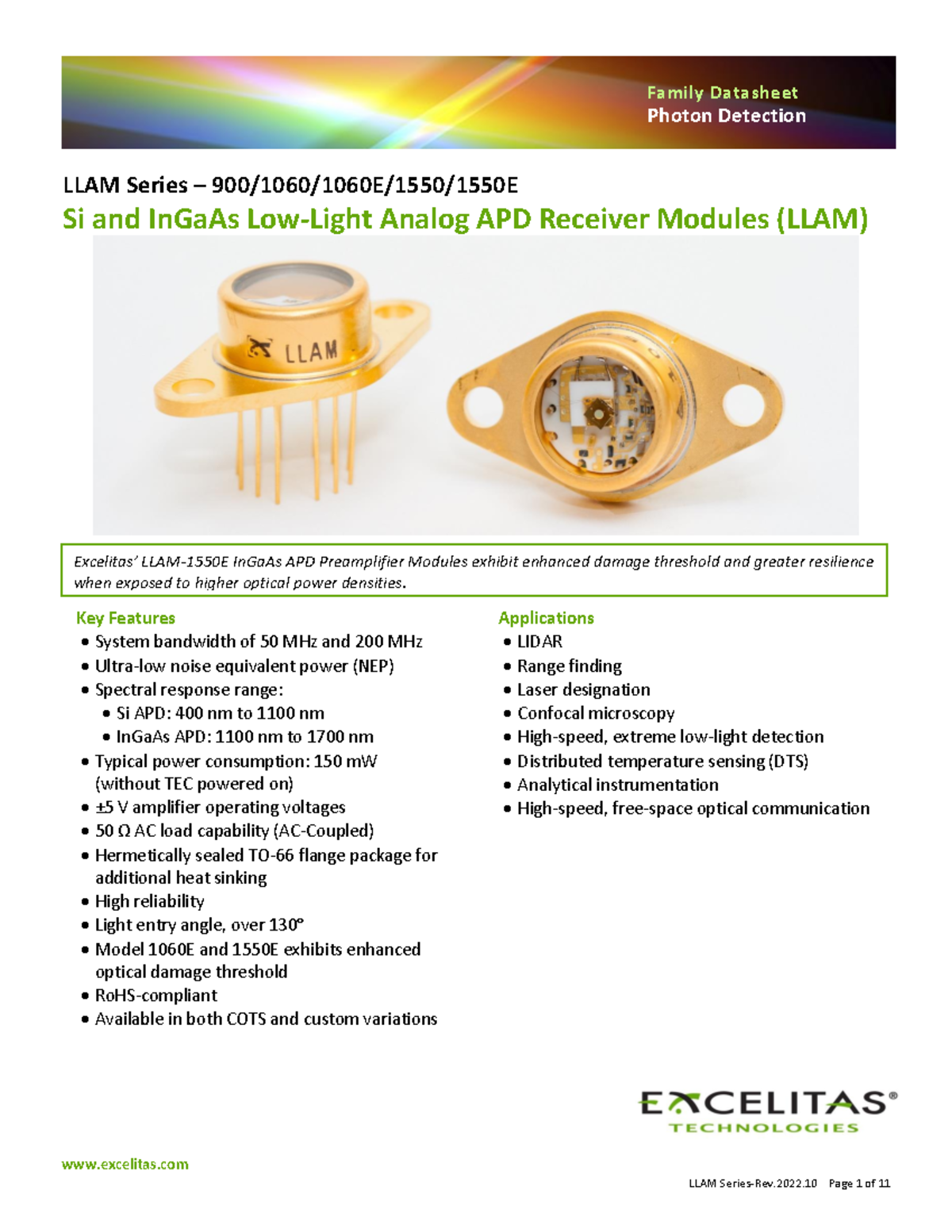 Excelitas LLAM Series Si & InGaAs APD Modules Datasheet - Rev. 2022.10 ...