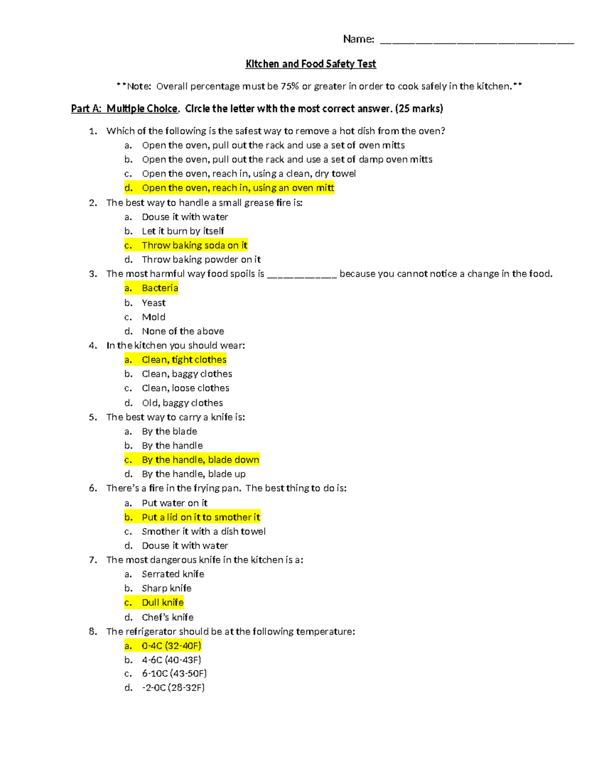 Chef Josh Food & Kitchen Safety Test (Part A-D) - Studocu