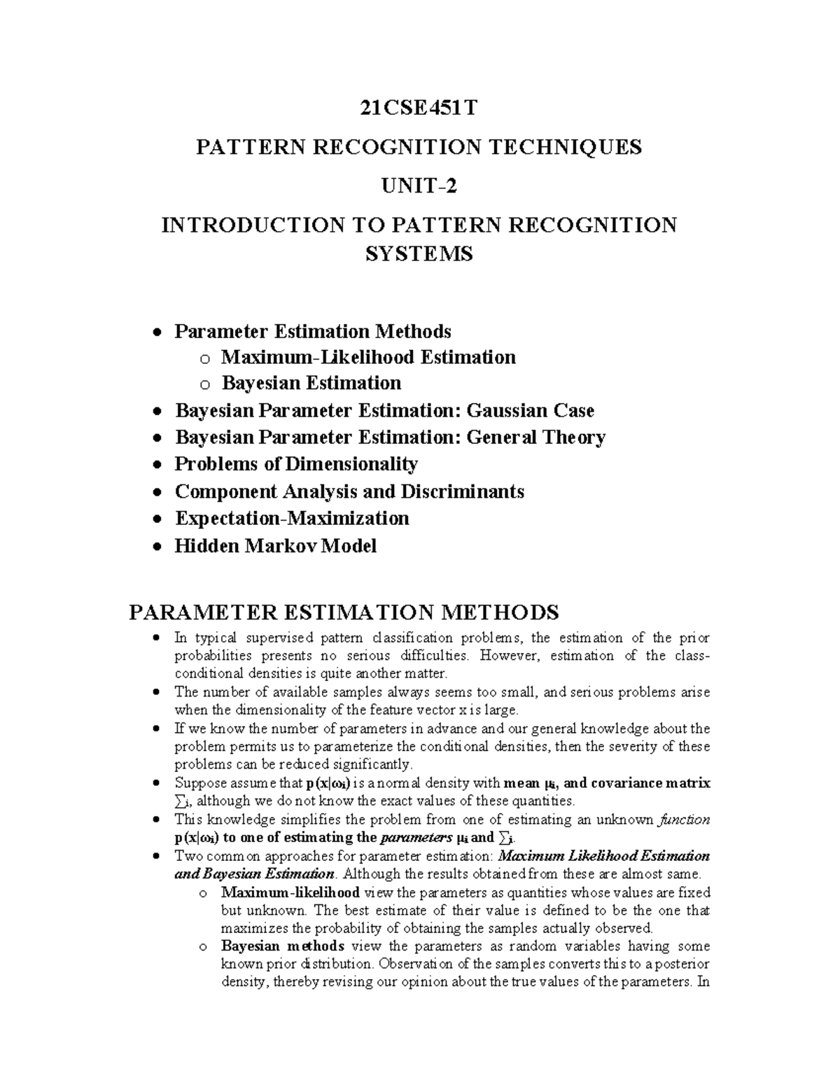 21CSE451T Pattern Recognition Techniques: Parameter Estimation Methods ...