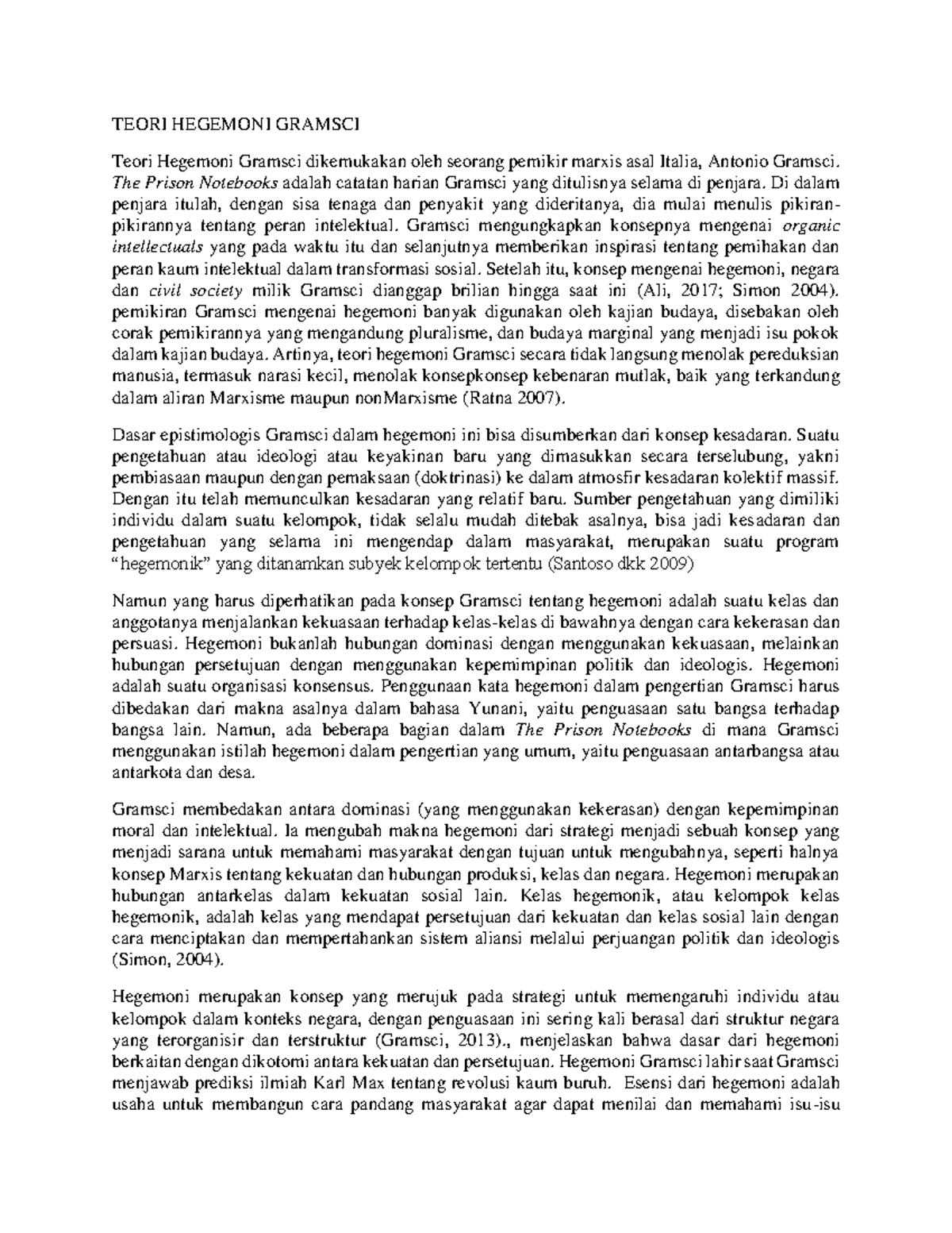 Teori Hegemoni Gramsci: Pemikiran dan Implikasinya dalam Sosial - Studocu