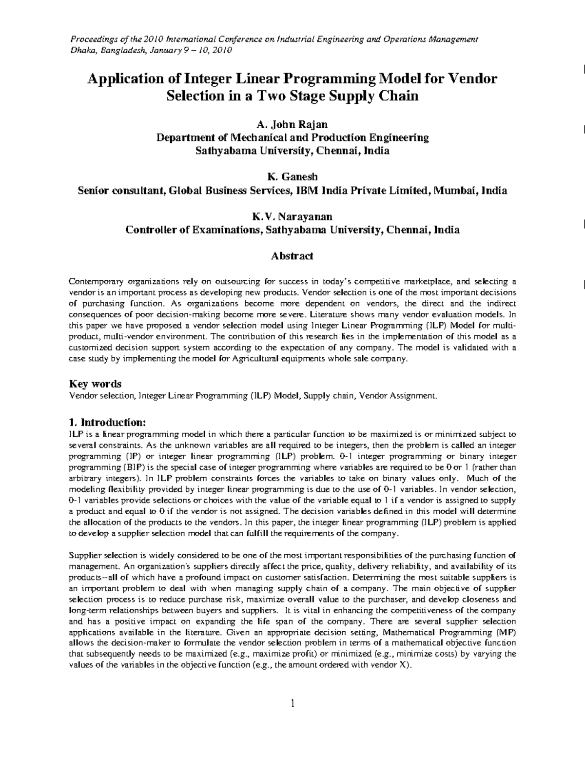 Application of ILP for Vendor Selection in Supply Chain Management ...