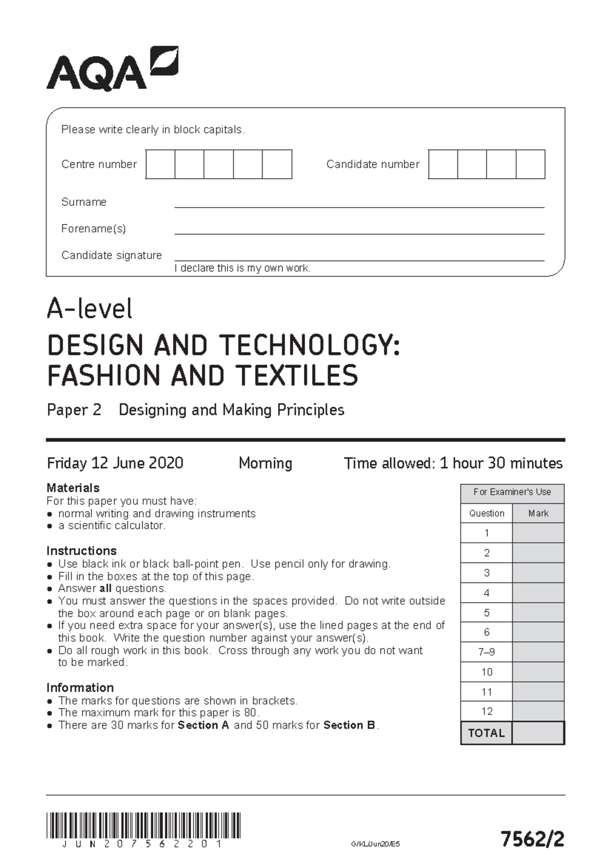 AQA Design and Technology: Fashion & Textiles Paper 2 - Nov 2020 - Studocu