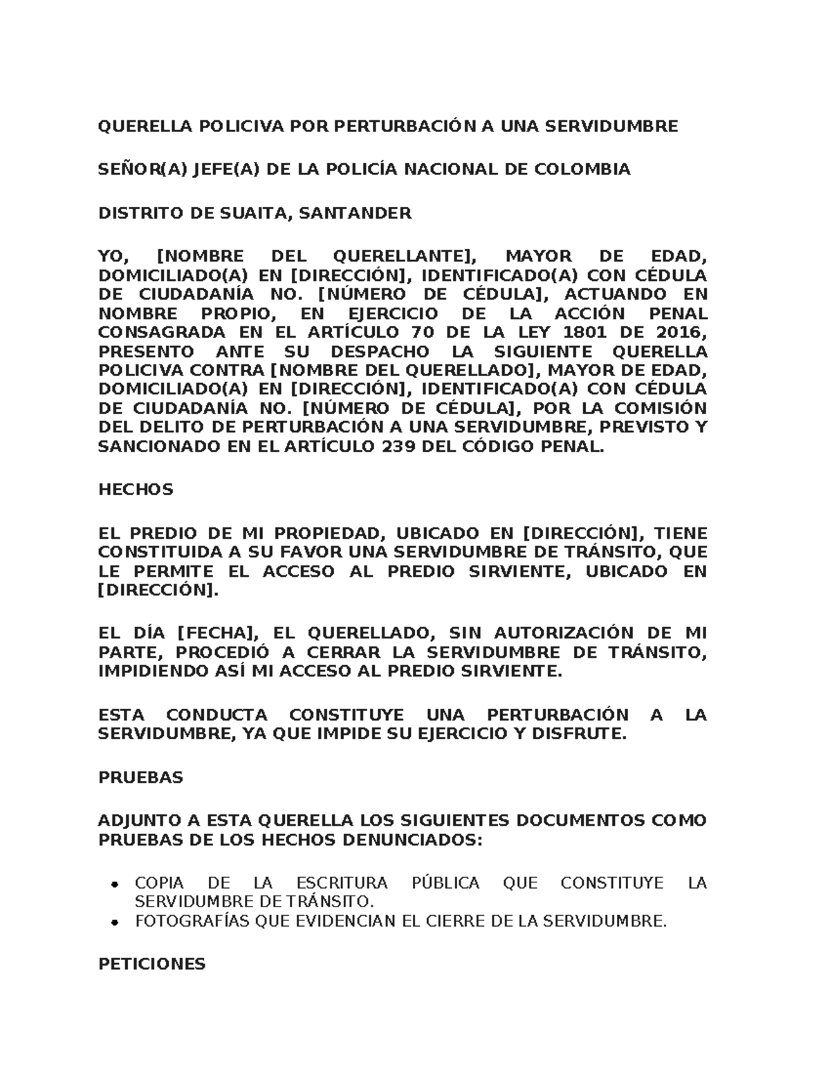 Modelo de Querella Policial por Perturbación a Servidumbre - Legal Doc ...