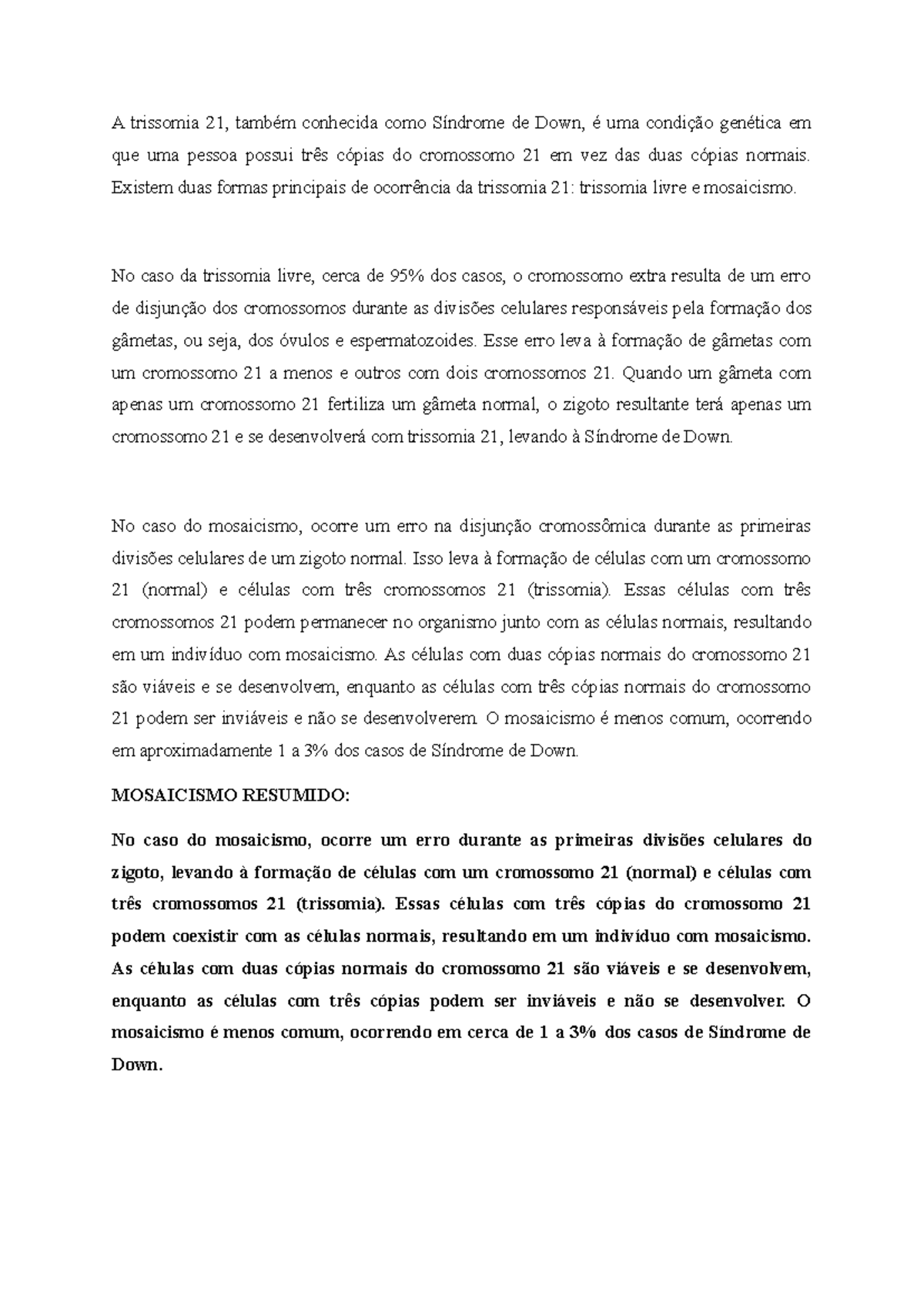 Trissomia 21 e Mosaicismo: Entendendo a Síndrome de Down - Studocu