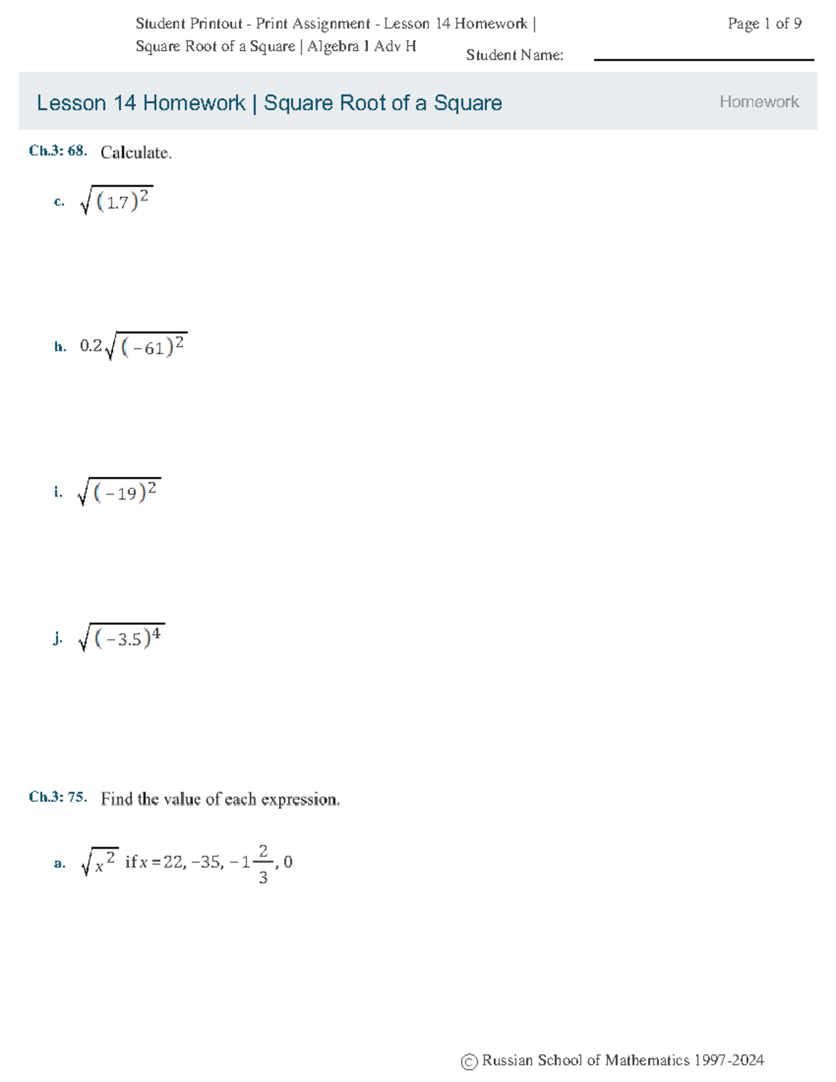 Algebra I Adv H -6 - Lesson 14 Homework | Square Root of a Square Ch ...