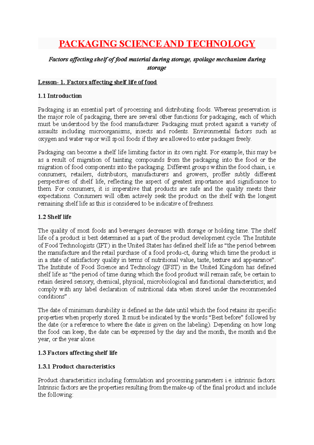 Packaging Science and Technology: Lessons 1-6 Overview - Studocu