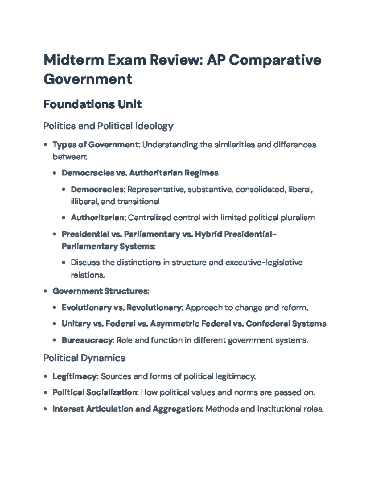 Midterm Exam Review: AP Comparative Government Foundations Unit ...
