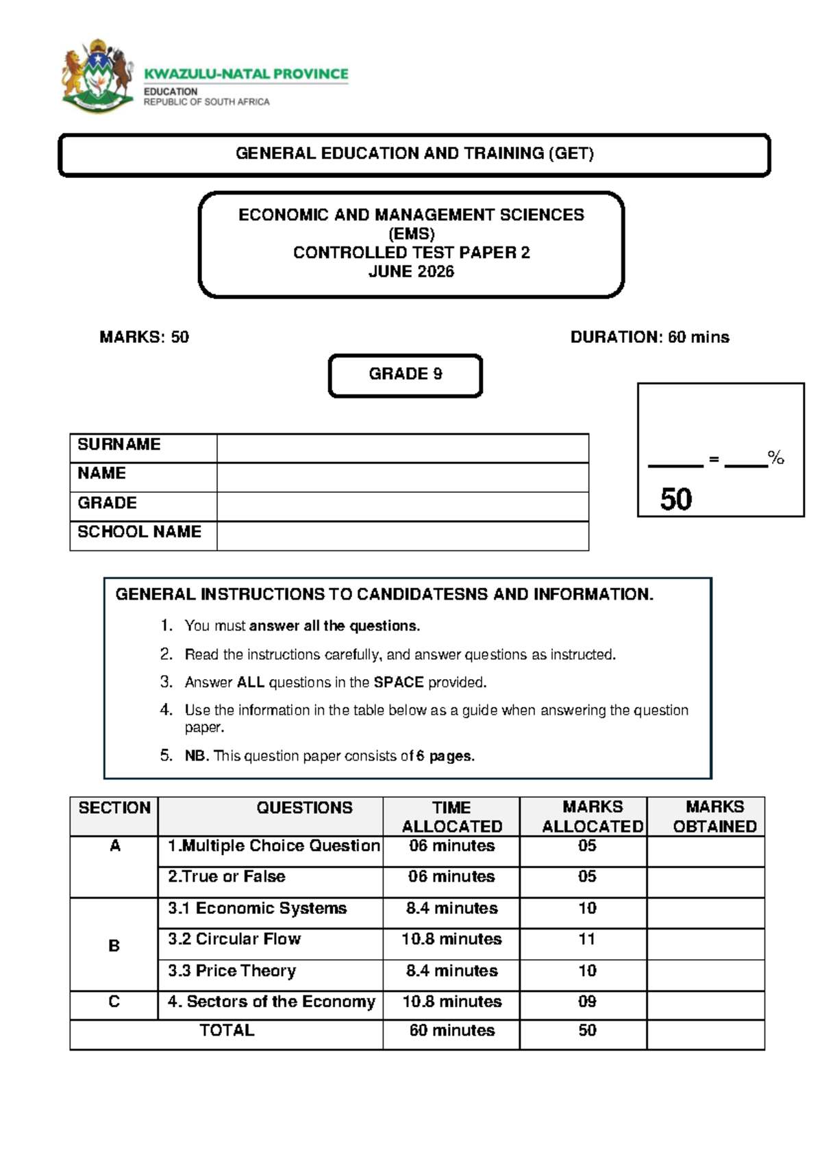 2026 GET EMS Grade 9 Mid-Year Controlled Test Paper 2 - Studocu