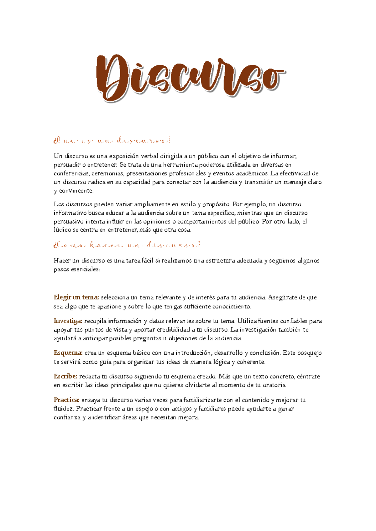 Discurso en el Colegio: Guía para una Presentación Efectiva - Studocu