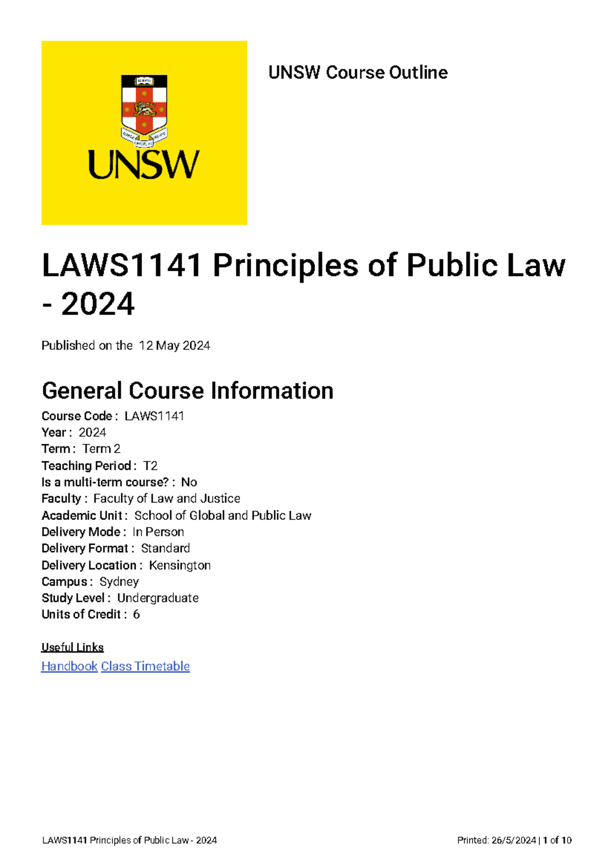 LAWS1141 Principles of Public Law Course Outline 2024 - Studocu