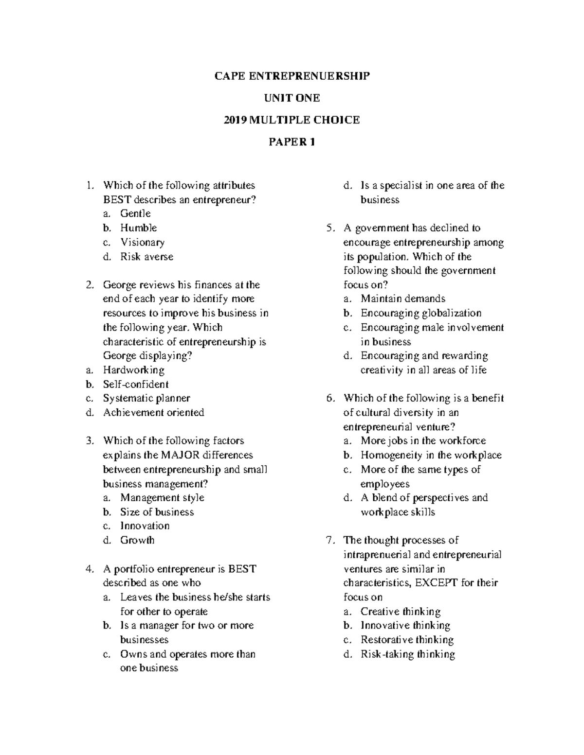 CAPE ENTREPRENEURSHIP UNIT ONE 2019 MCQ REVIEW PAPER - Studocu