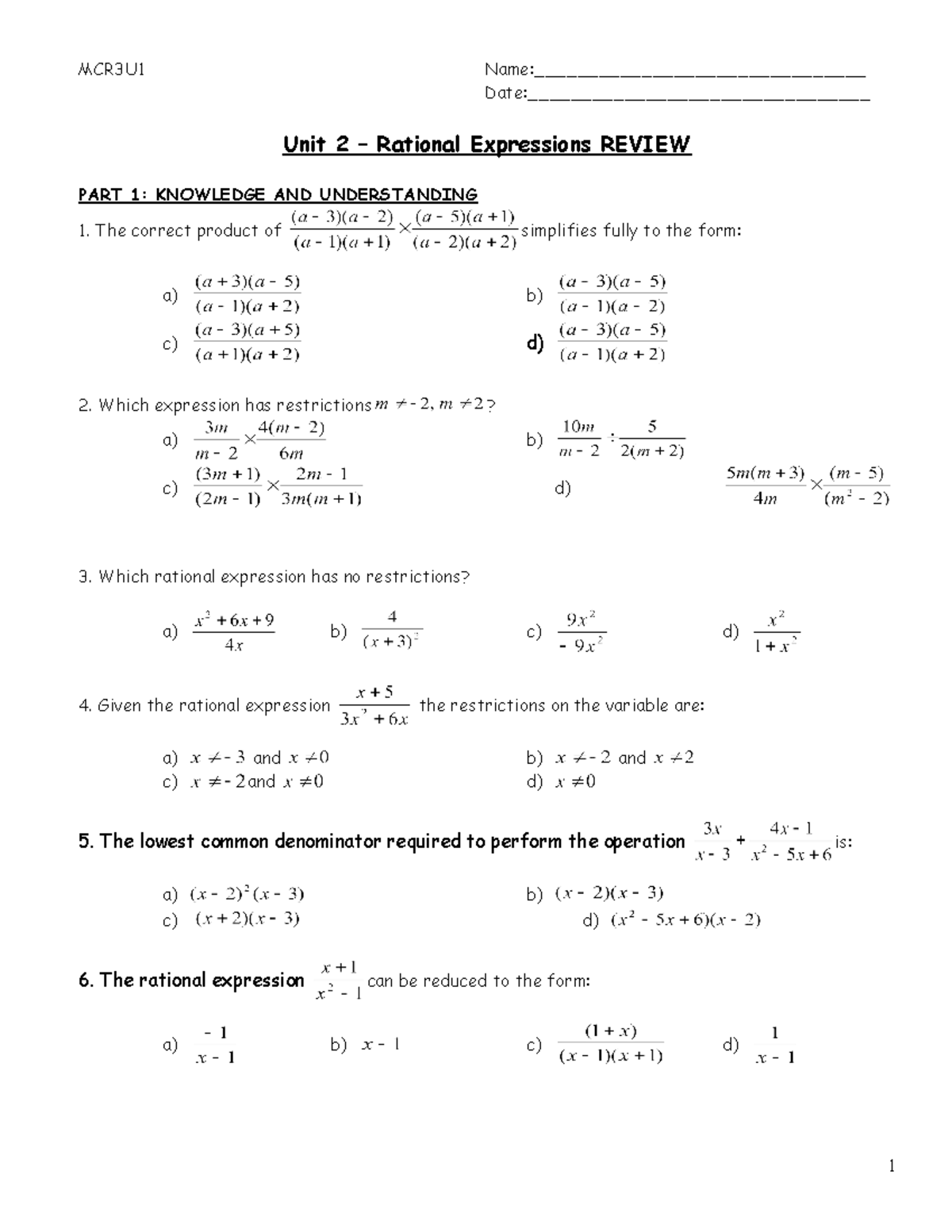 Rational expressions review - Date ...