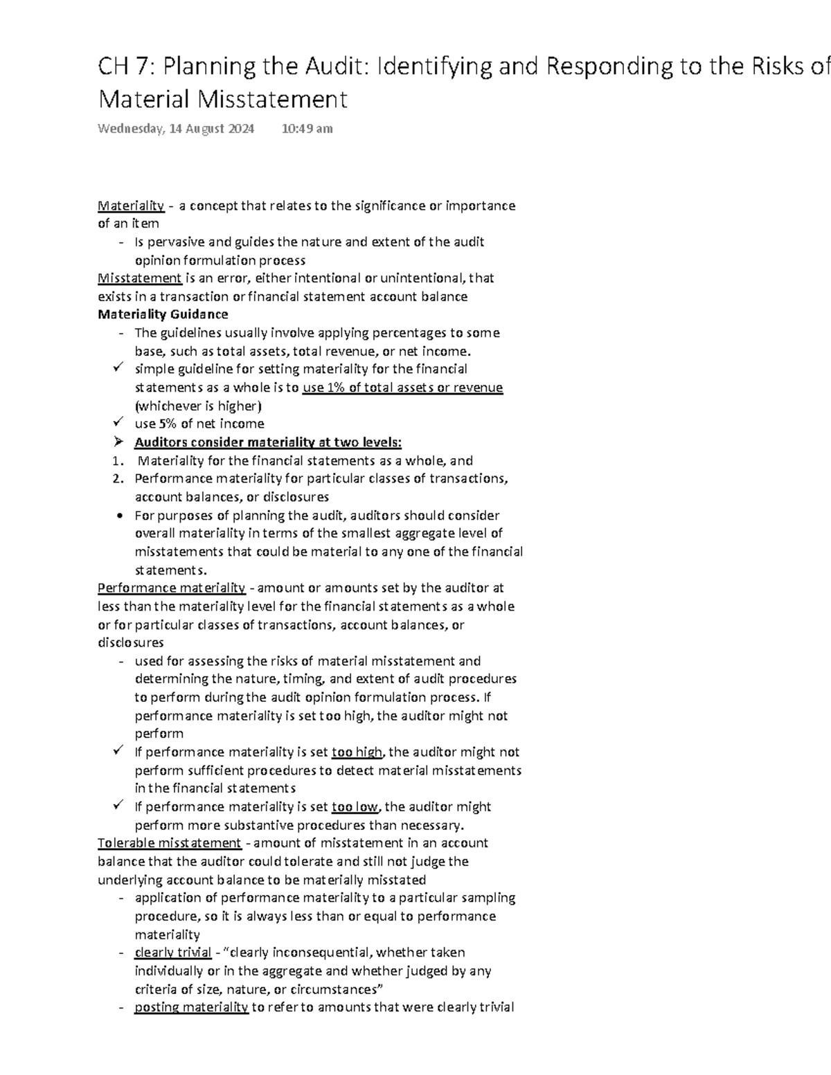 Planning the Audit - Materiality - a concept that relates to the ...