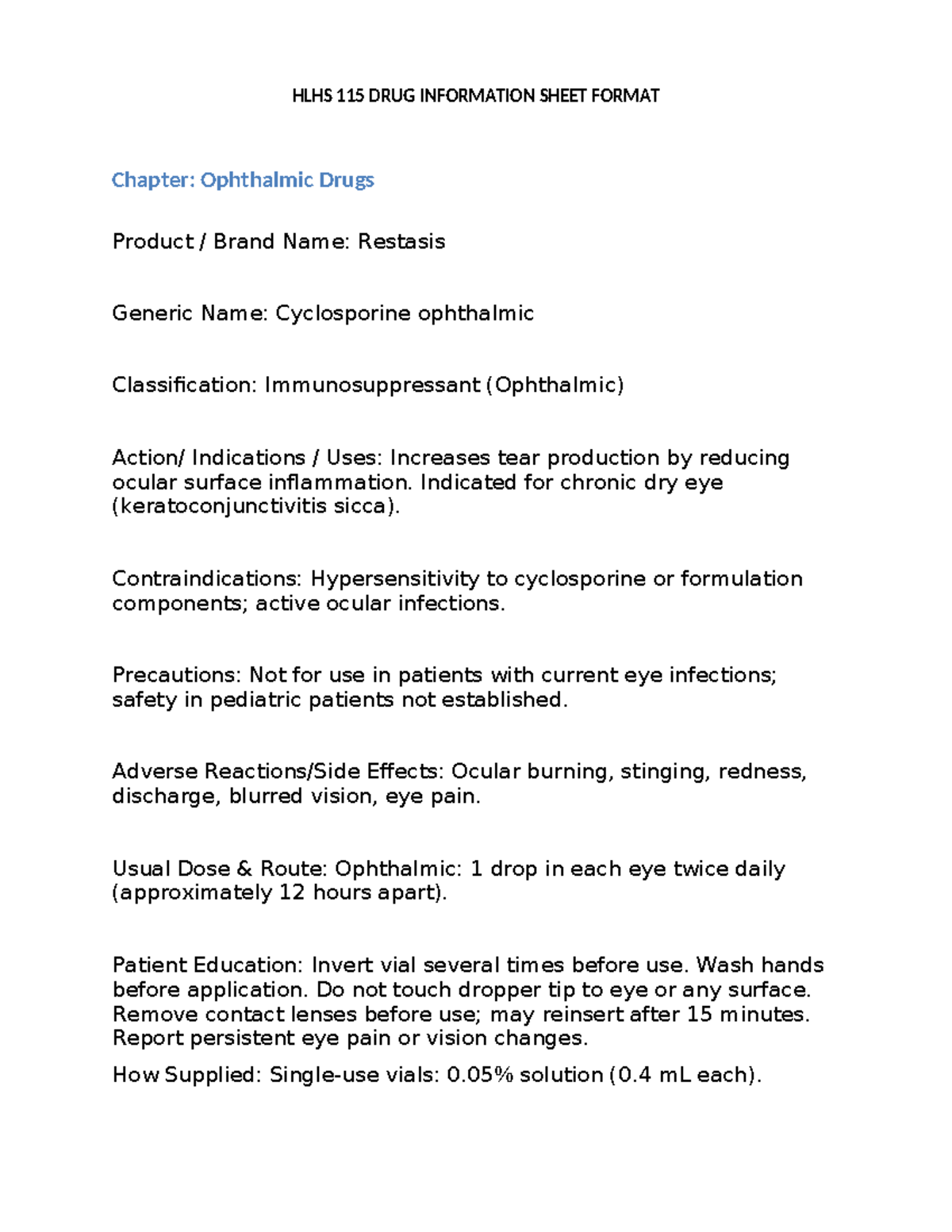 Drugs Information Sheet