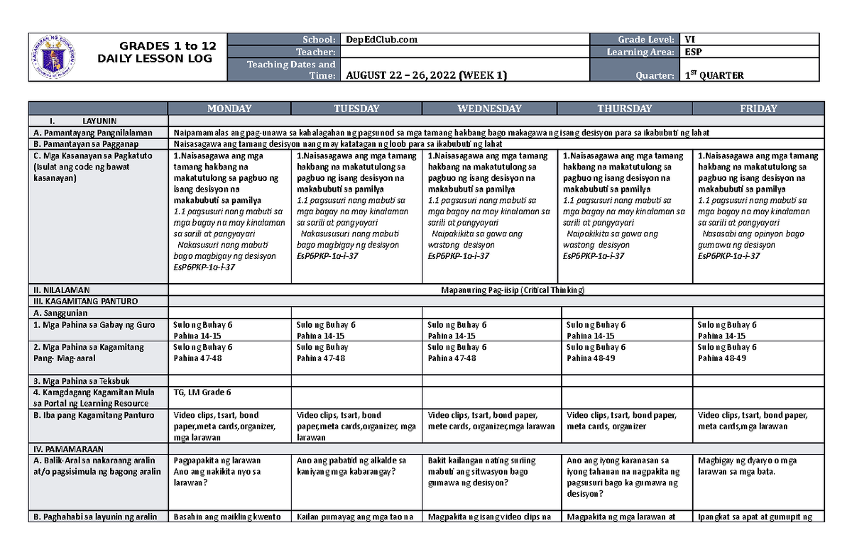 DLL ESP 6 Q1 W1 - Daily Lesson Log for Grade VI - Studocu