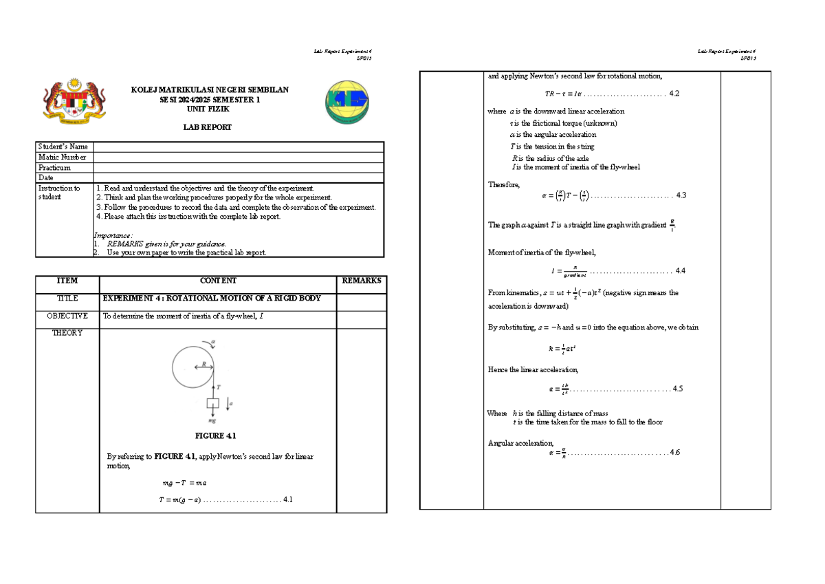SP015 EXP 4 - Lab Report on Moment of Inertia of a Fly-Wheel - Studocu