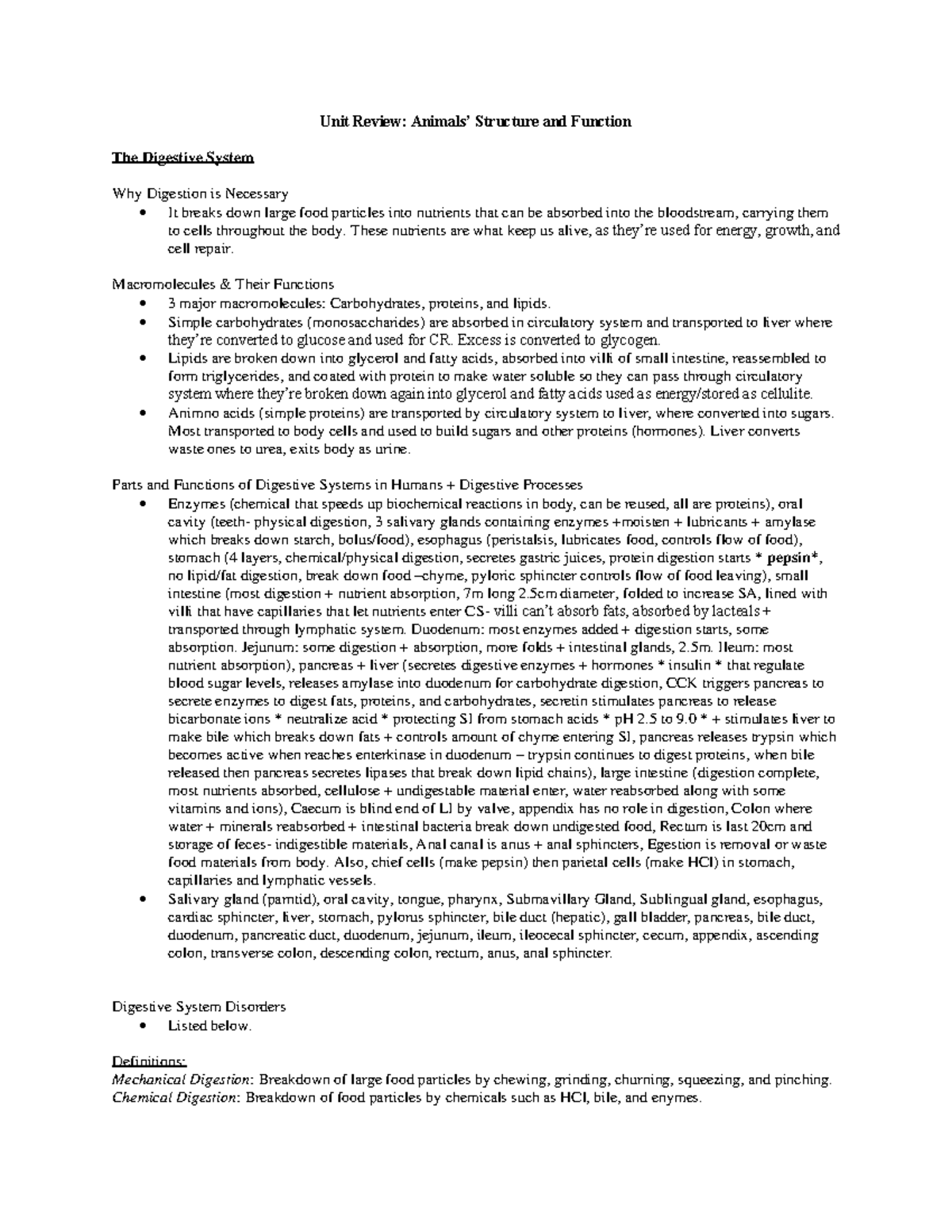 Unit Review Animal Structures and Function - Unit Review: Animals ...