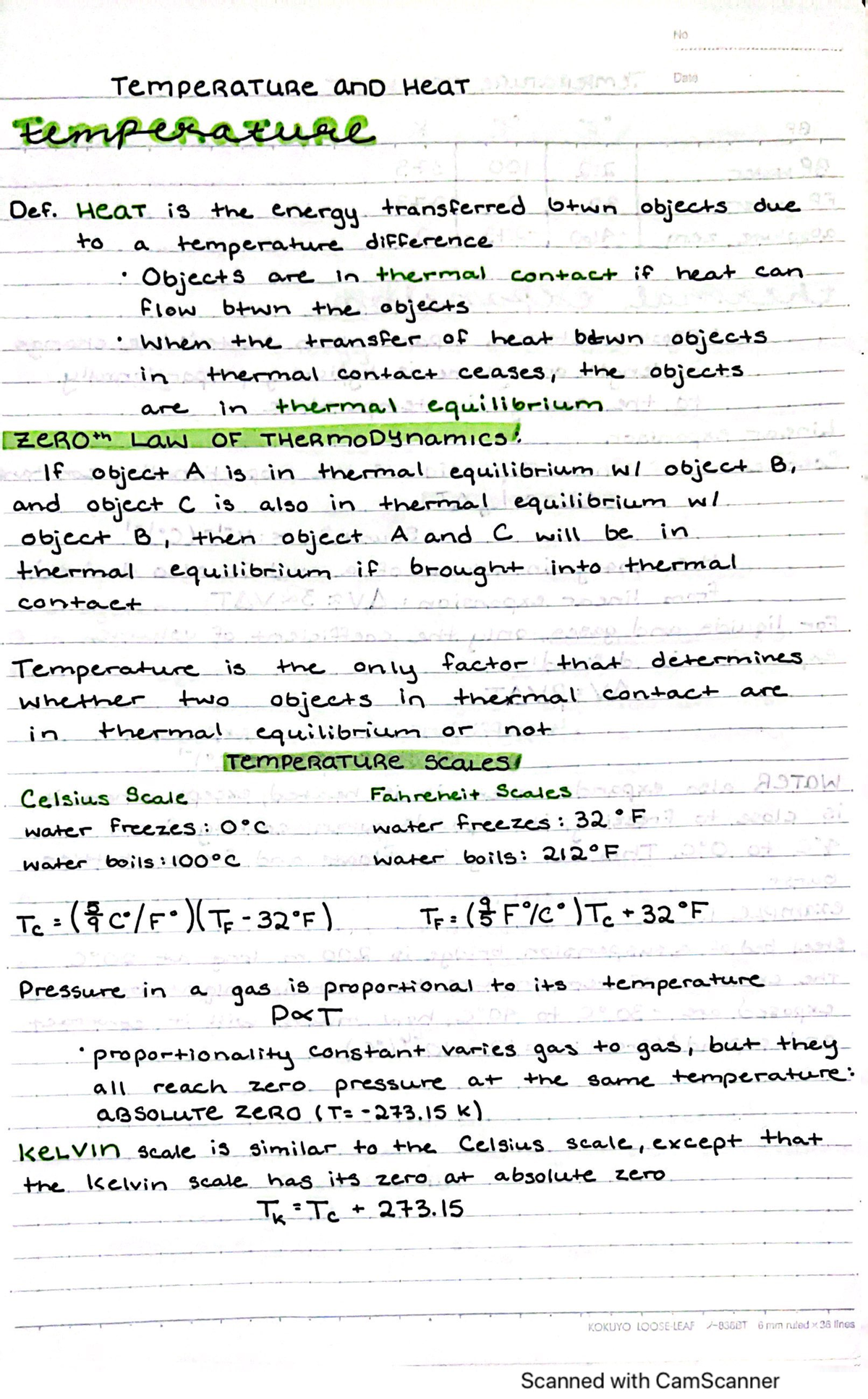 Temp and heat notes - No TempeRaTuRe and Heat Date Temperazure Def ...