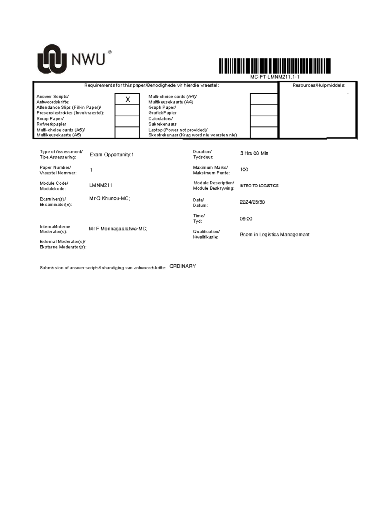 LMNM211: Exam Paper 1 - Intro to Logistics Requirements & Questions ...