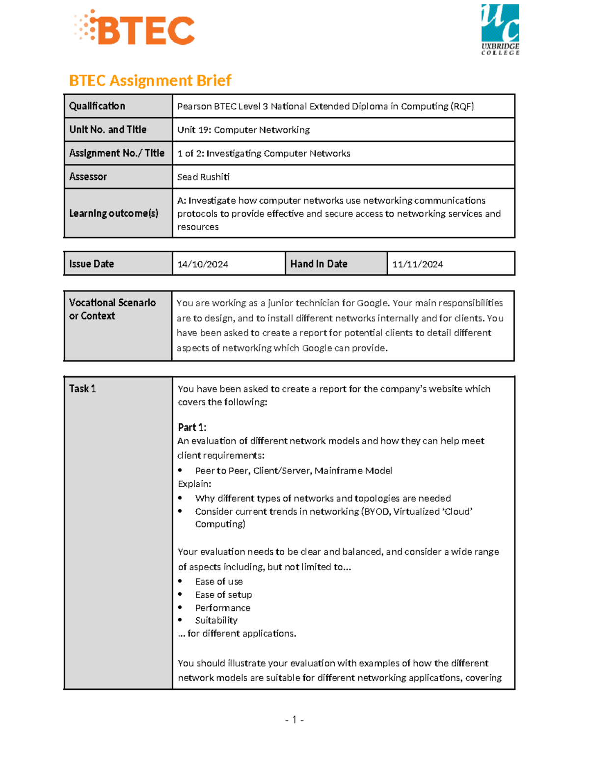 Unit 19 - Assignment 1: Investigating Computer Networks Overview - Studocu