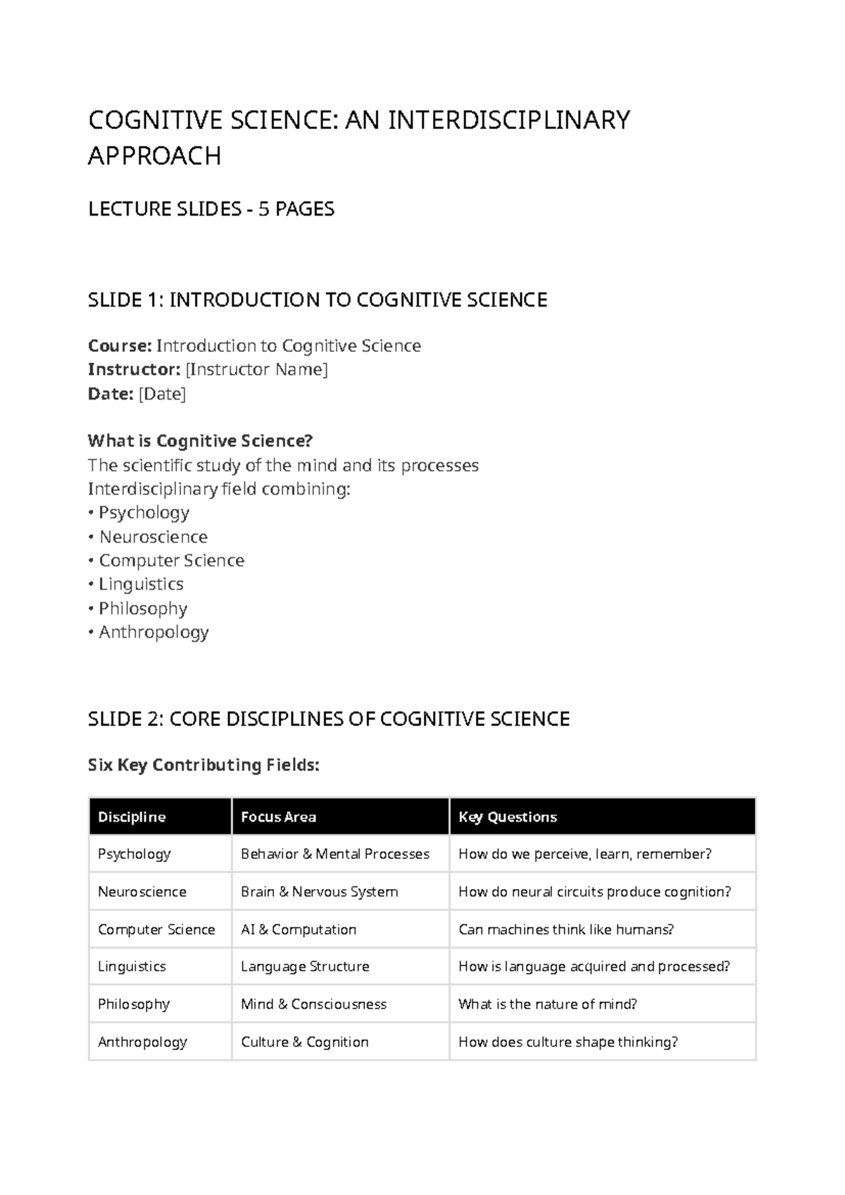 COG 101: Cognitive Science Lecture Slides Overview and Key Concepts ...