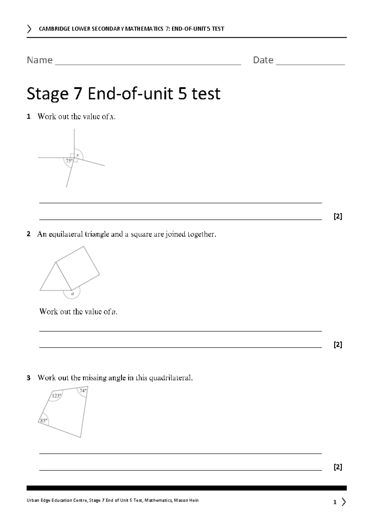Year 7 Mathematics End of Unit 5 & 7 Test (CAMBRIDGE LOWER SECONDARY ...