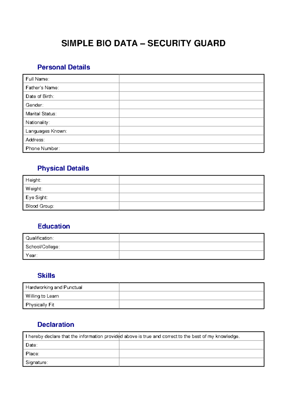 Simple security guard biodata - SIMPLE BIO DATA – SECURITY GUARD ...