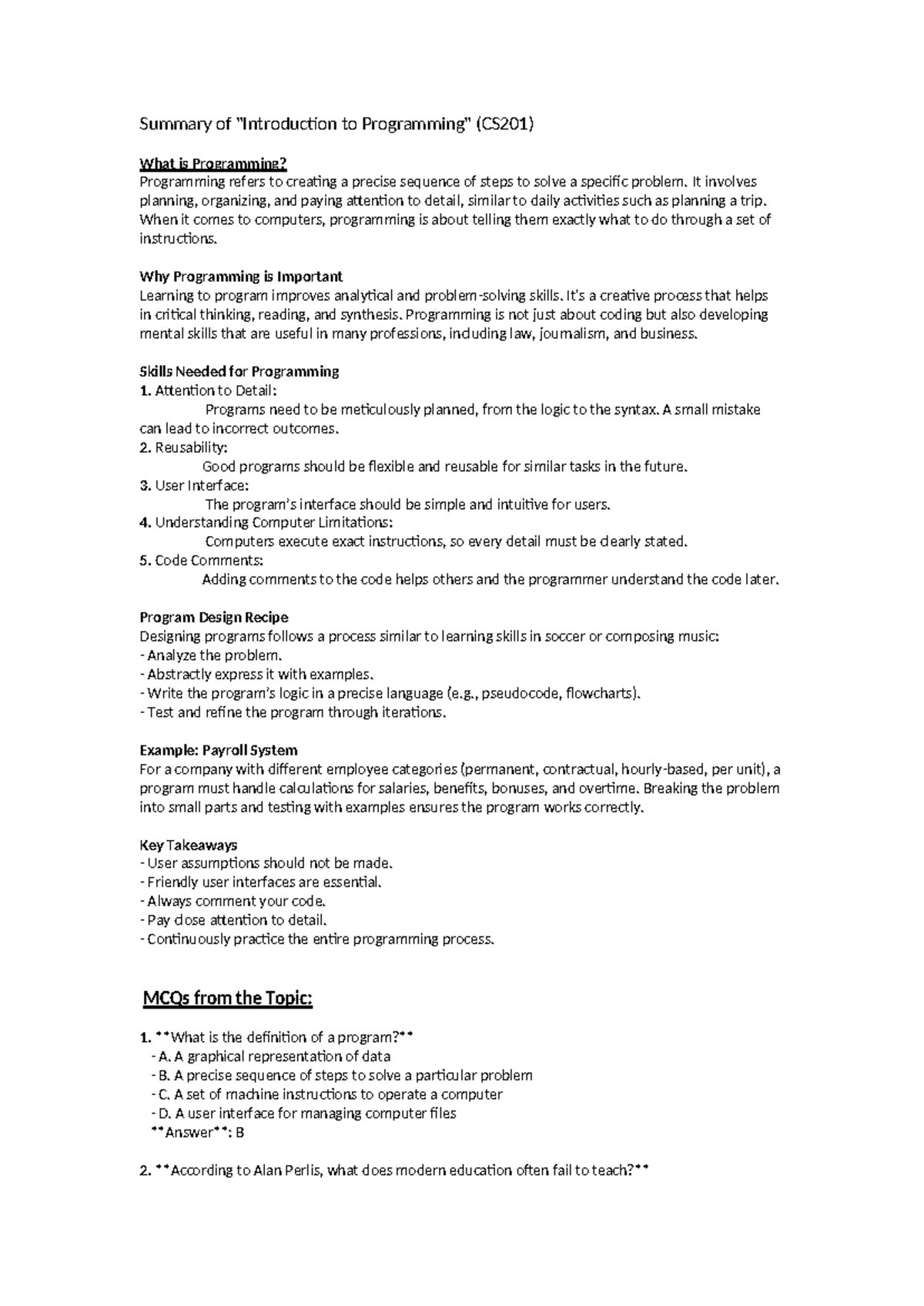 CS201 topic 1 - Summary of "Introduction to Programming" (CS201) What ...