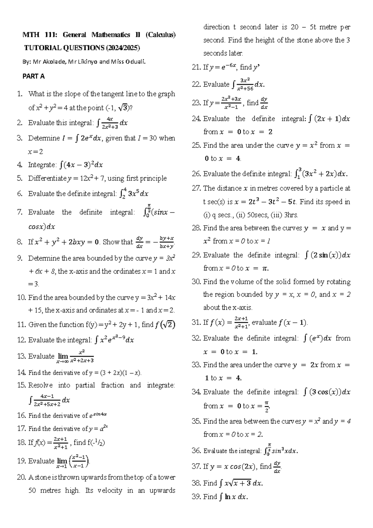 MTH 111 Calculus Tutorial Questions: Comprehensive Review - Studocu