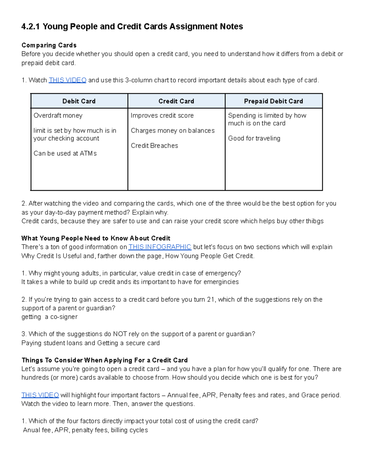 Young People & Credit Cards: 4.2.1 Assignment Notes Summary - Studocu