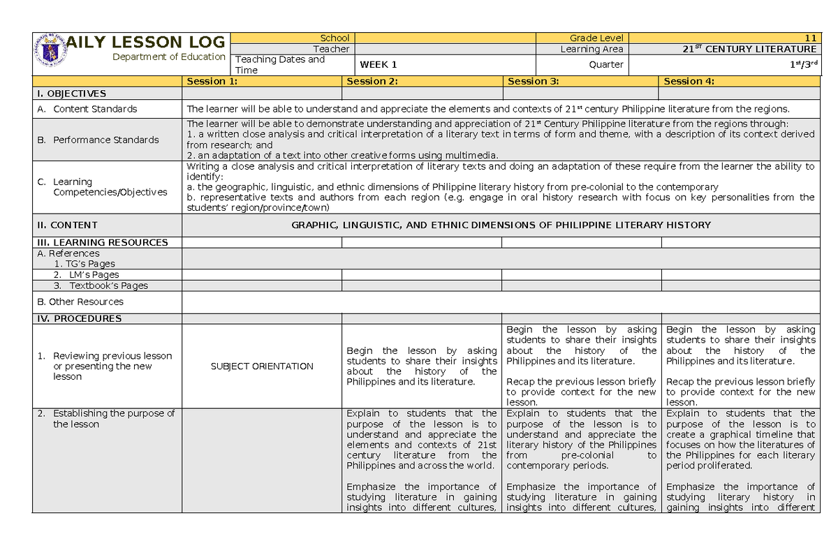 21ST CENTURY LITERATURE Lesson Plan: Week 1 Overview - Studocu