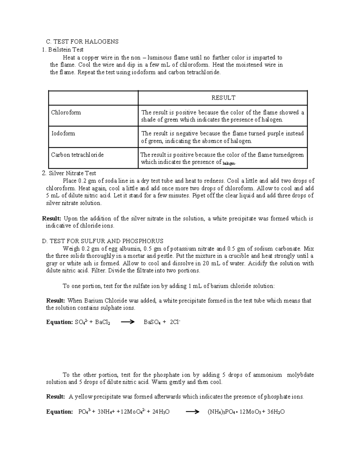 493974505 Experiment 2: Testing for Halogens, Sulfur & Phosphorus - Studocu