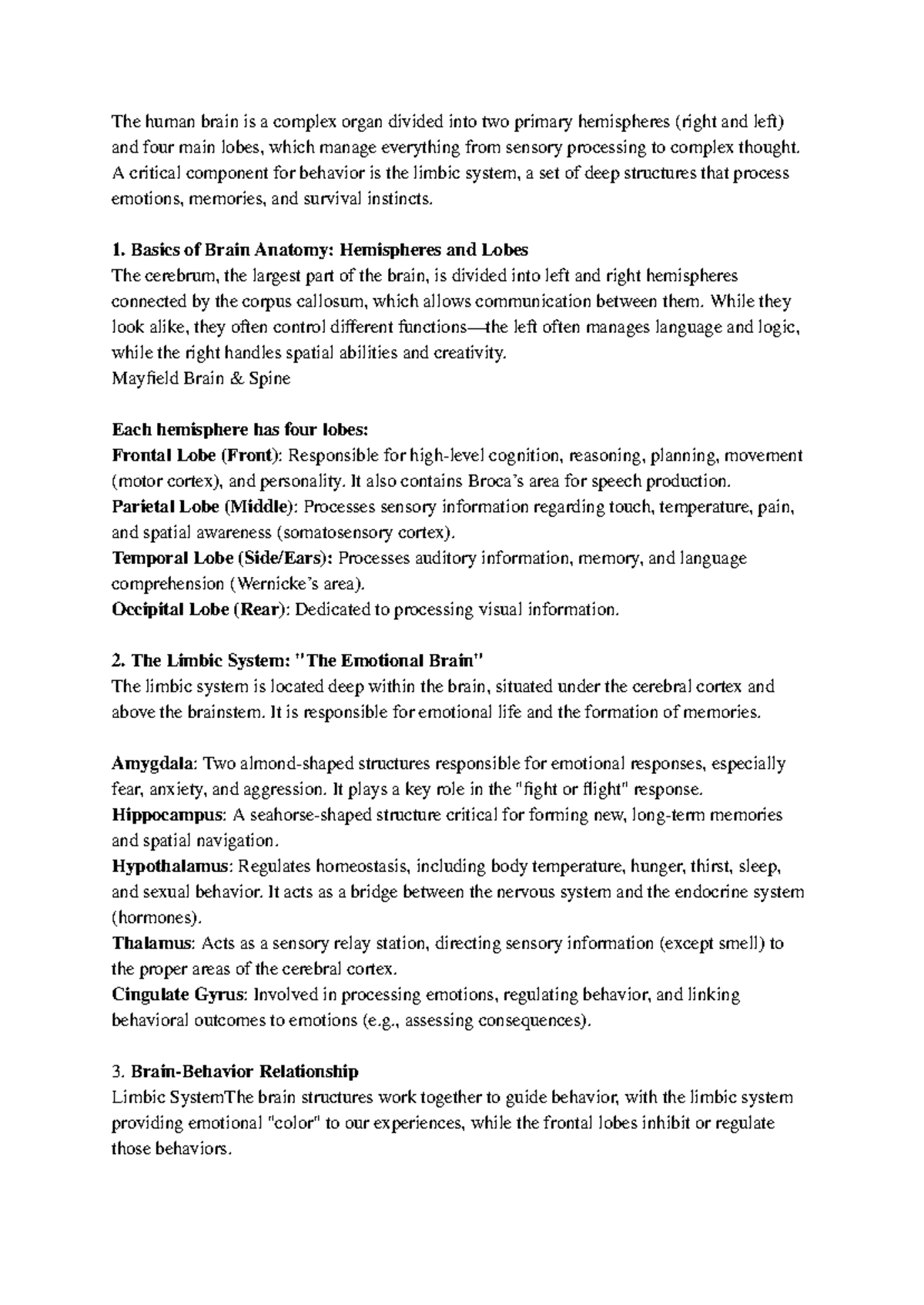 Psychology Notes: Brain Anatomy, Limbic System & Behavior (PSY101 ...