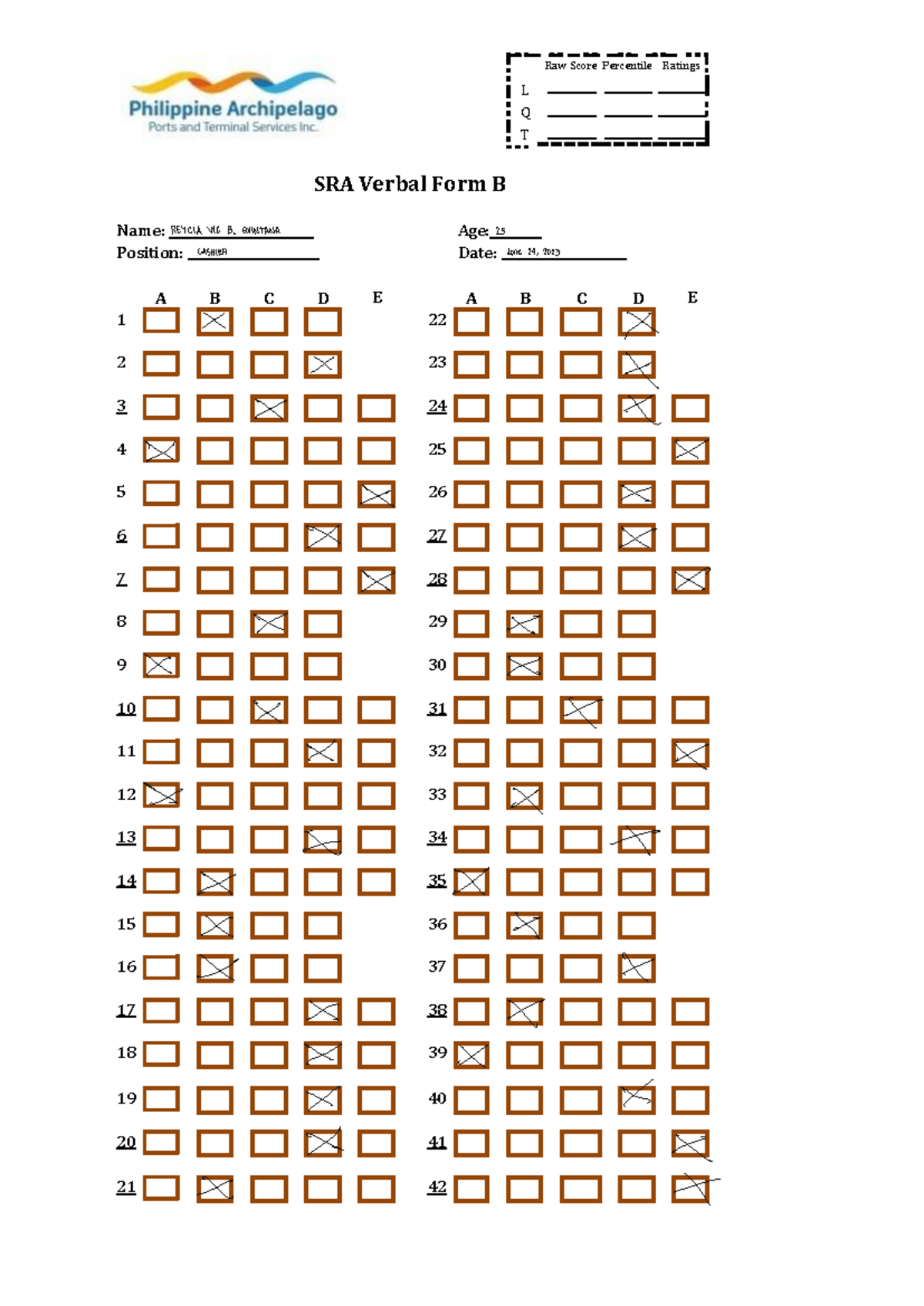 SRA Verbal Form B Answer Sheet - Answered Responses and Scores - Studocu