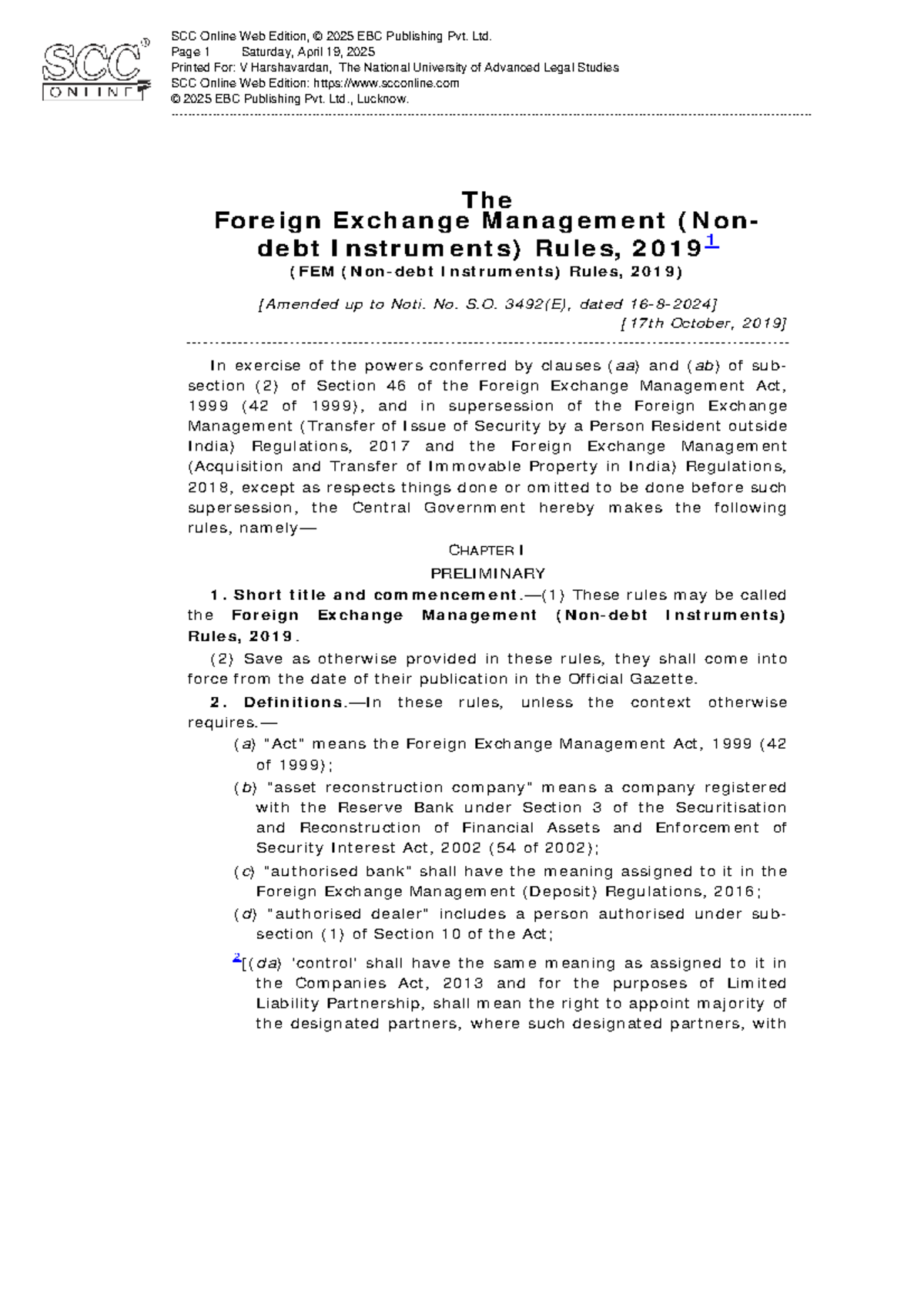 SCC Online Web Edition: Foreign Exchange Management Rules, 2019 - Studocu
