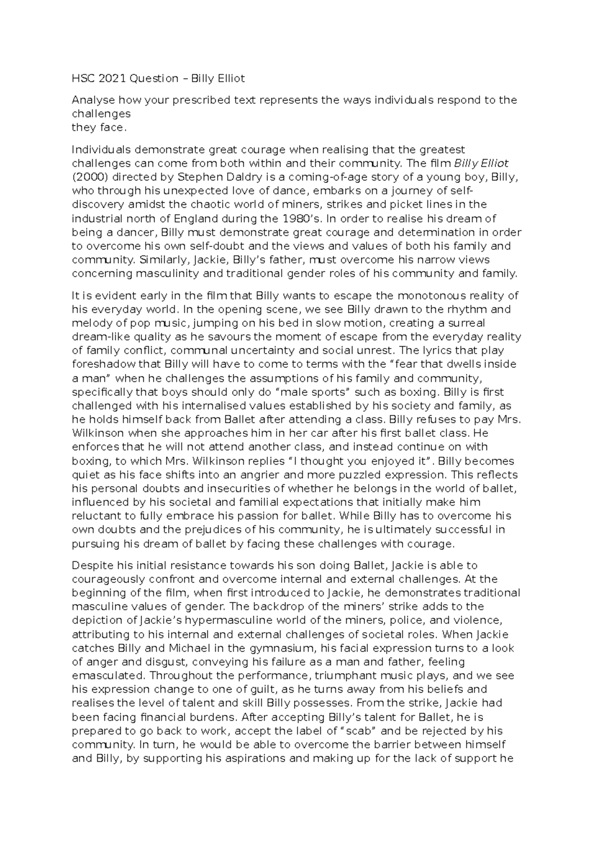 HSC 2021 Essay Notes - Individual Responses in Billy Elliot - Studocu