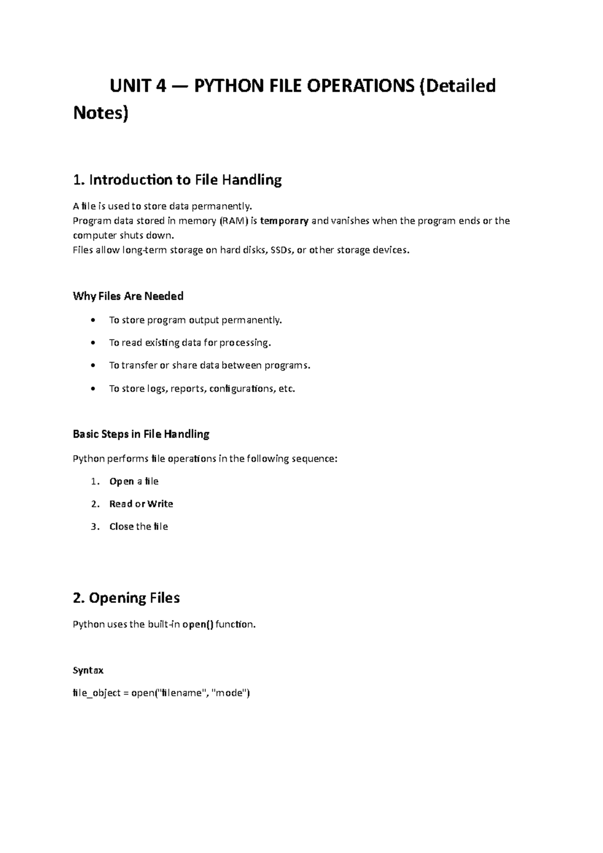 Python UNIT 4 File Operations: Detailed Notes on File Handling - Studocu