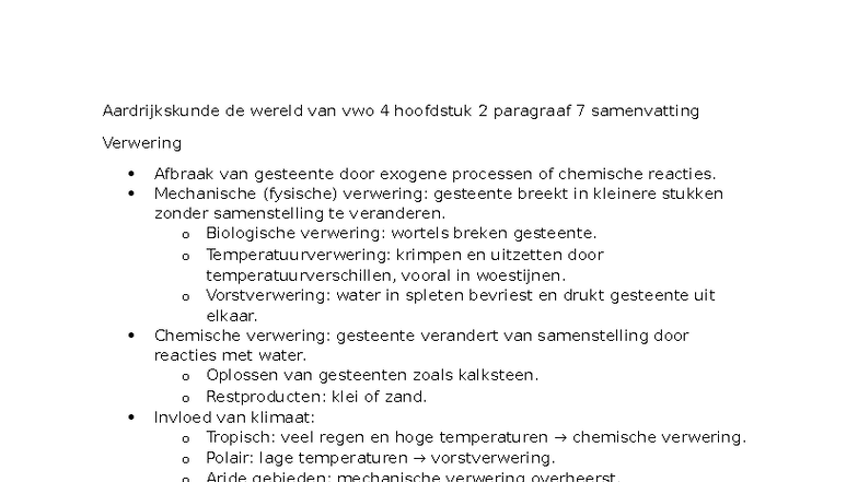 Aardrijkskunde VWO 4: Hoofdstuk 2 Paragraaf 7 Samenvatting Verwering en ...