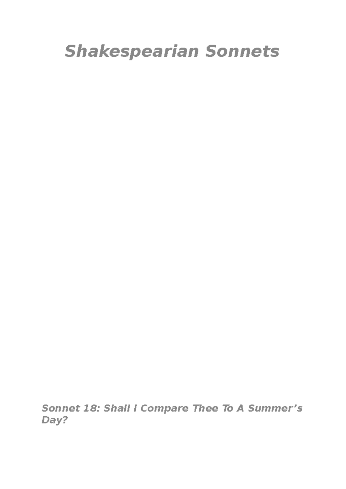 10-Sonnets - For Demo teaching - Shakespearian Sonnets Sonnet 18: Shall ...