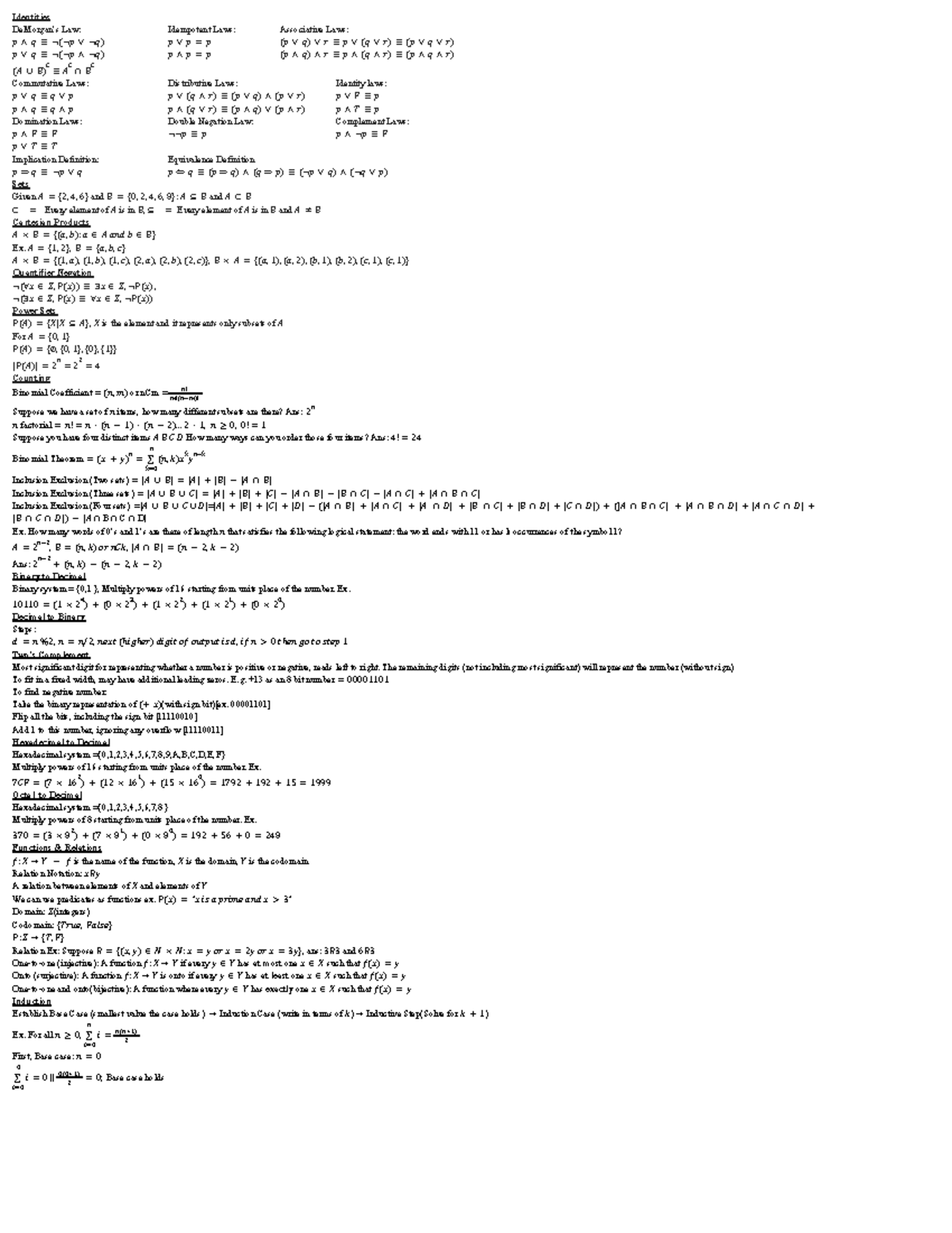 Comp Sci 1020 Final Exam Cheat Sheet: Set Theory & Functions - Studocu