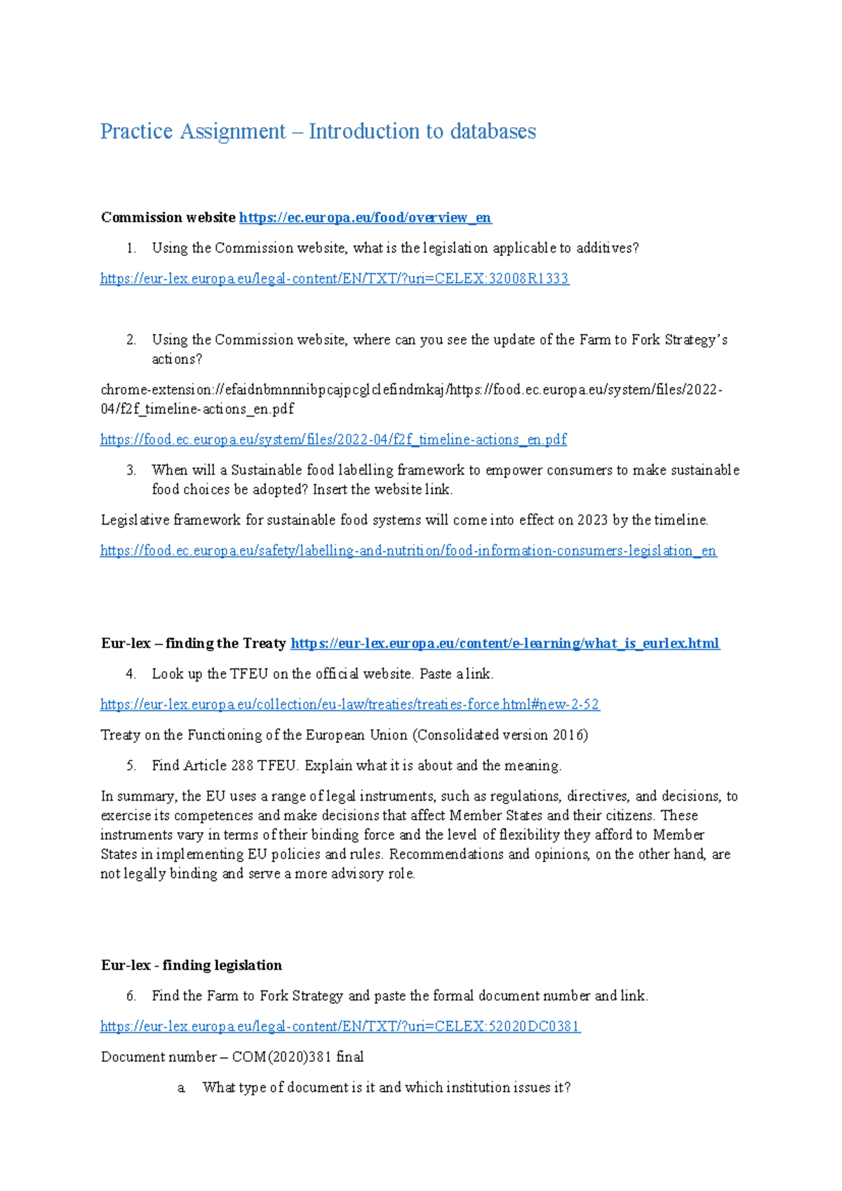 Database Training Assignment: Food Law Overview and Resources - Studeersnel