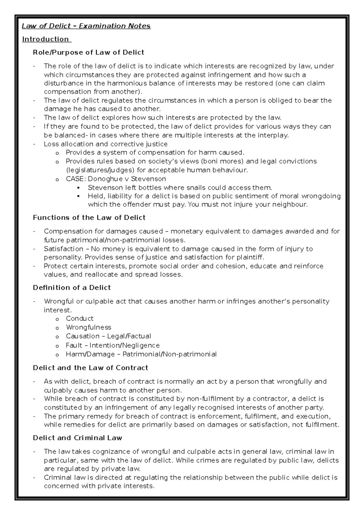 Law of Delict (LAW 101) Final Exam Notes: Key Concepts & Cases - Studocu
