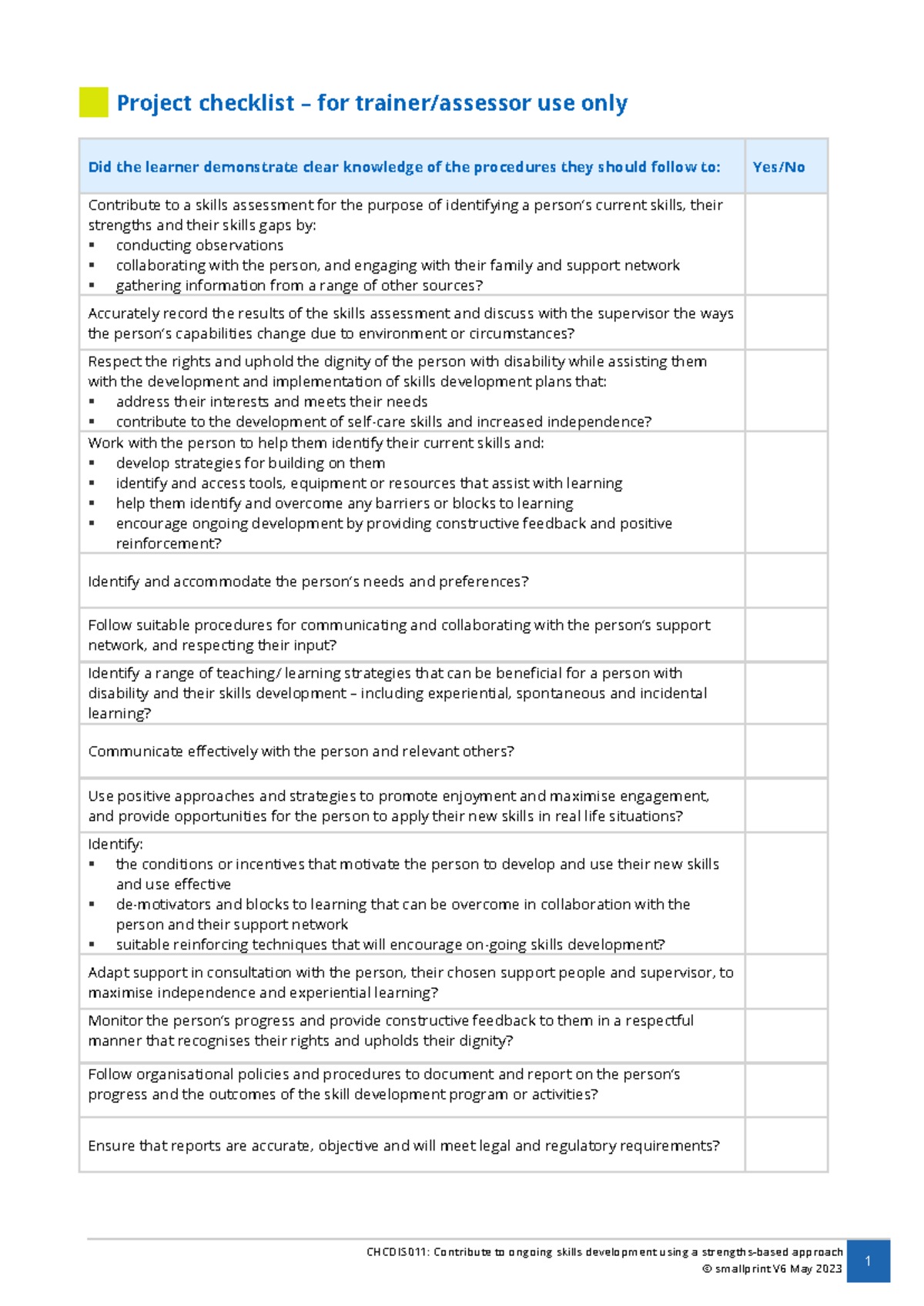 CHCDIS011: Project Checklist for Skills Development Assessment - Studocu