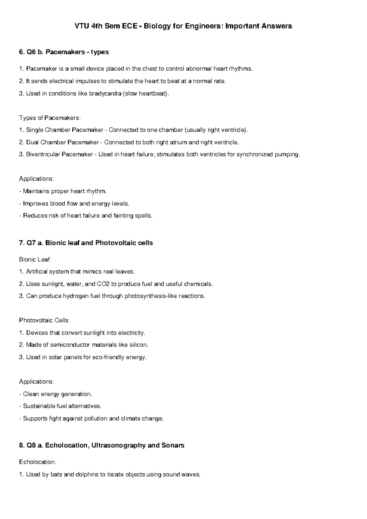 VTU 4th Sem ECE Biology for Engineers: Long Answers 6 to 10 - Studocu