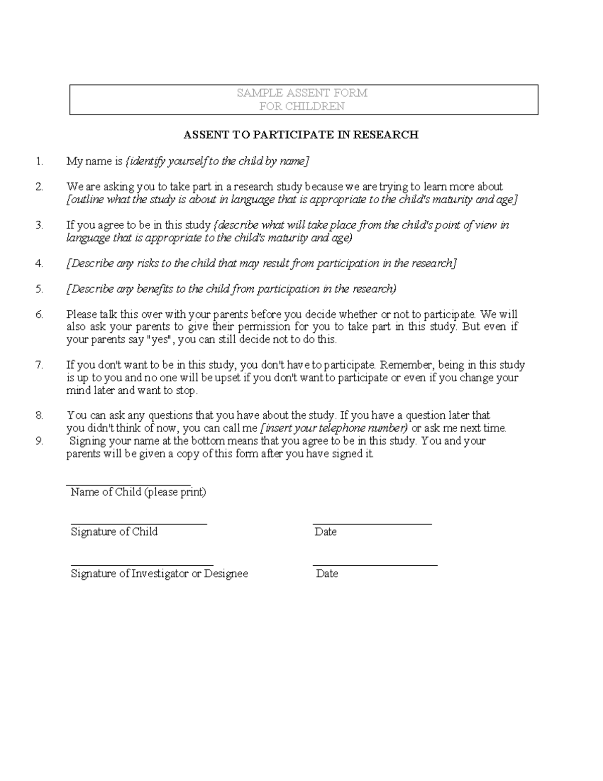 Research Assent Form Guidelines for Children's Participation - Studocu