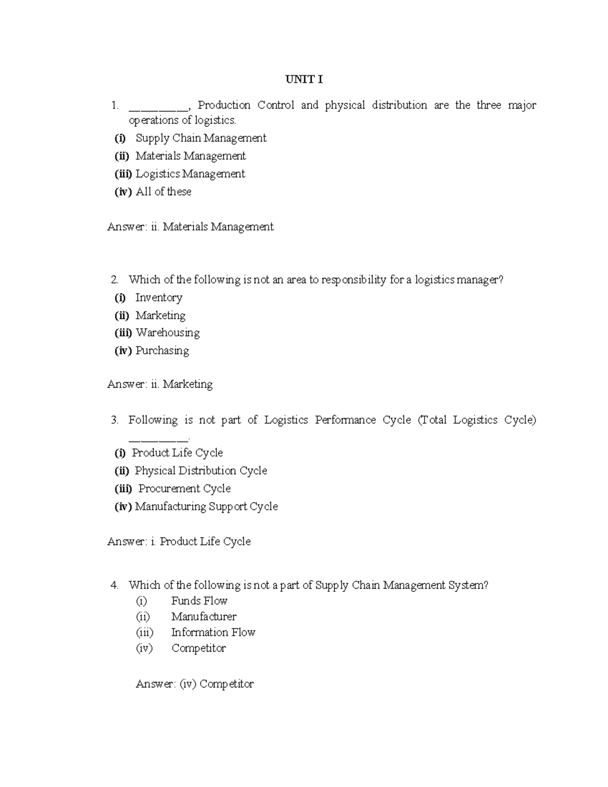 Logistics MCQs Study Guide (Course Code: LOG101) - Studocu