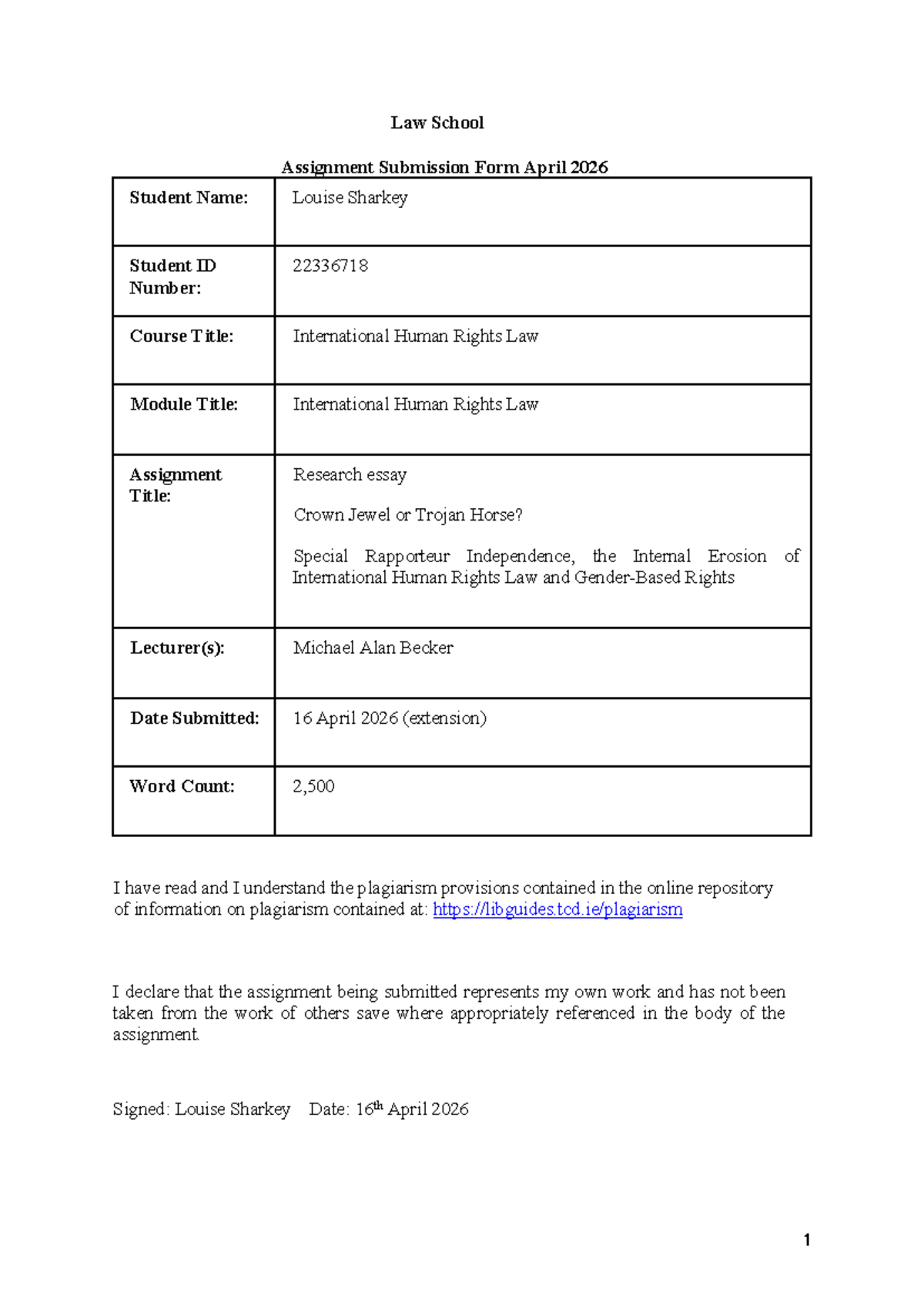 LS International Human Rights Law Assignment: Research Essay on Special ...
