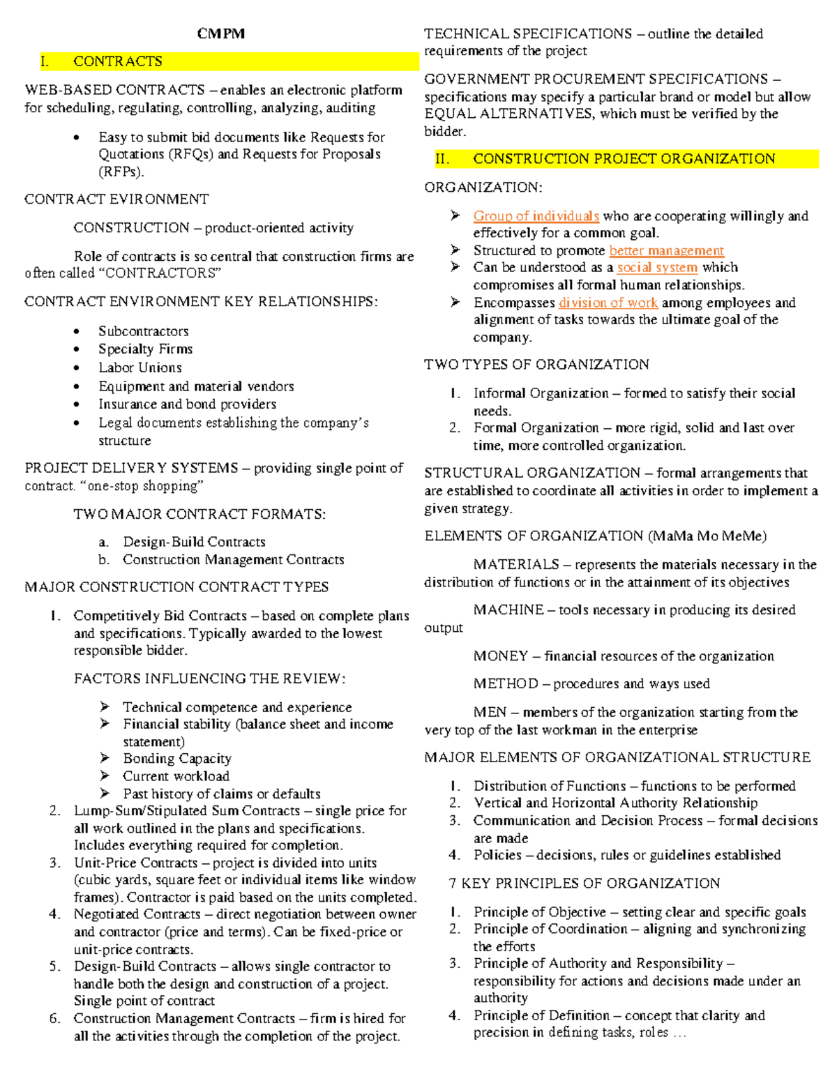 CMPM - Reviewer: Contracts and Construction Management Overview - Studocu